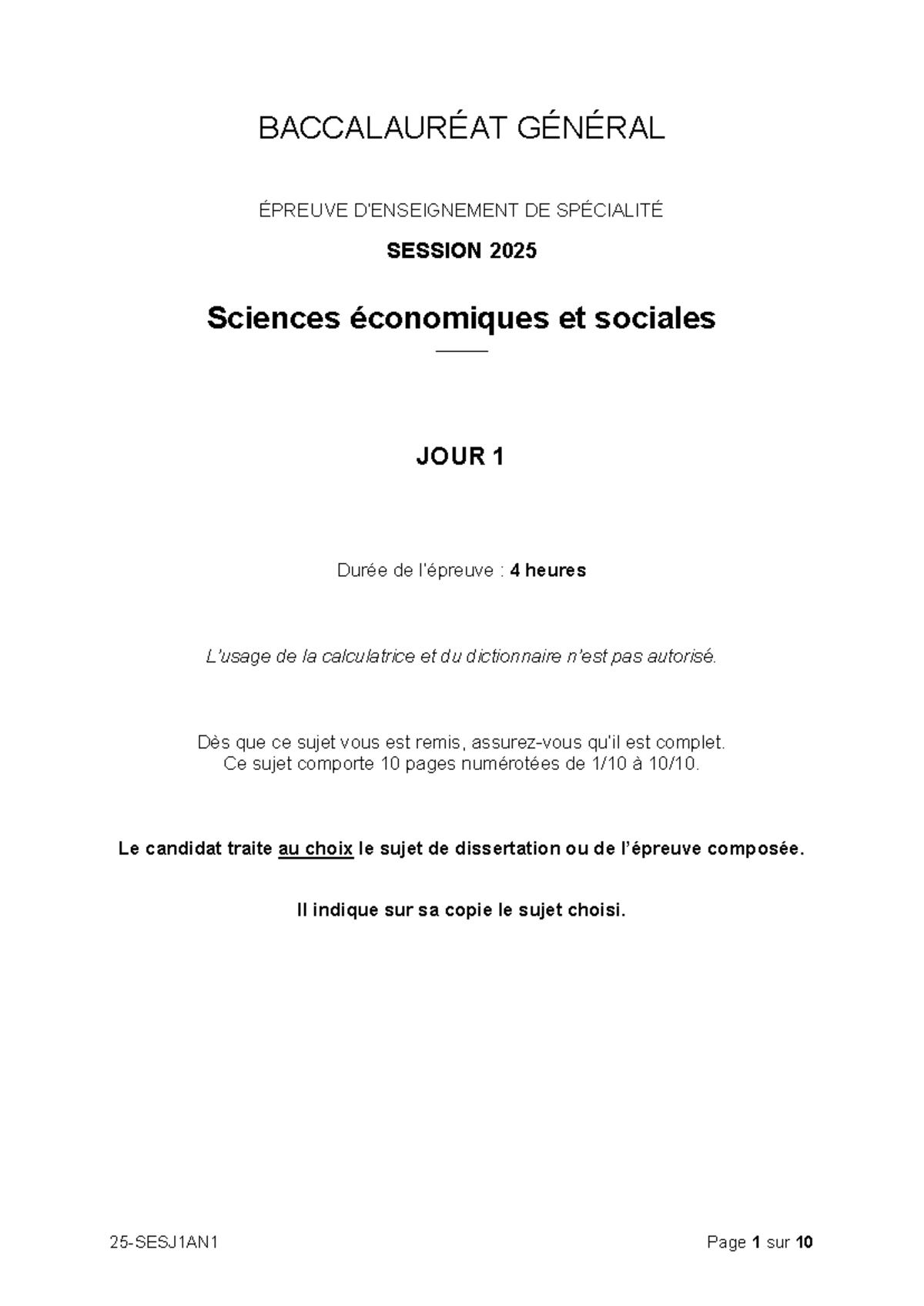 BACCALAURÉAT GÉNÉRAL ÉPREUVE DE SPÉCIALITÉ 2025 - Sciences Éco Sociales ...