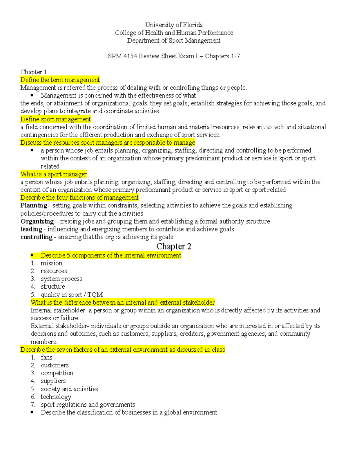 SPM 4154 Exam I Review Sheet: Key Concepts from Chapters 1-7 - Studocu