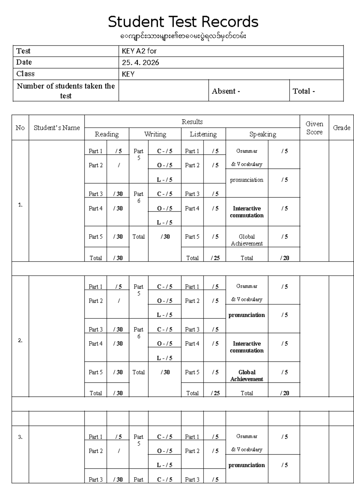 Student Test Records KEY A2 - Test Results for 25.04.2026 - Studocu