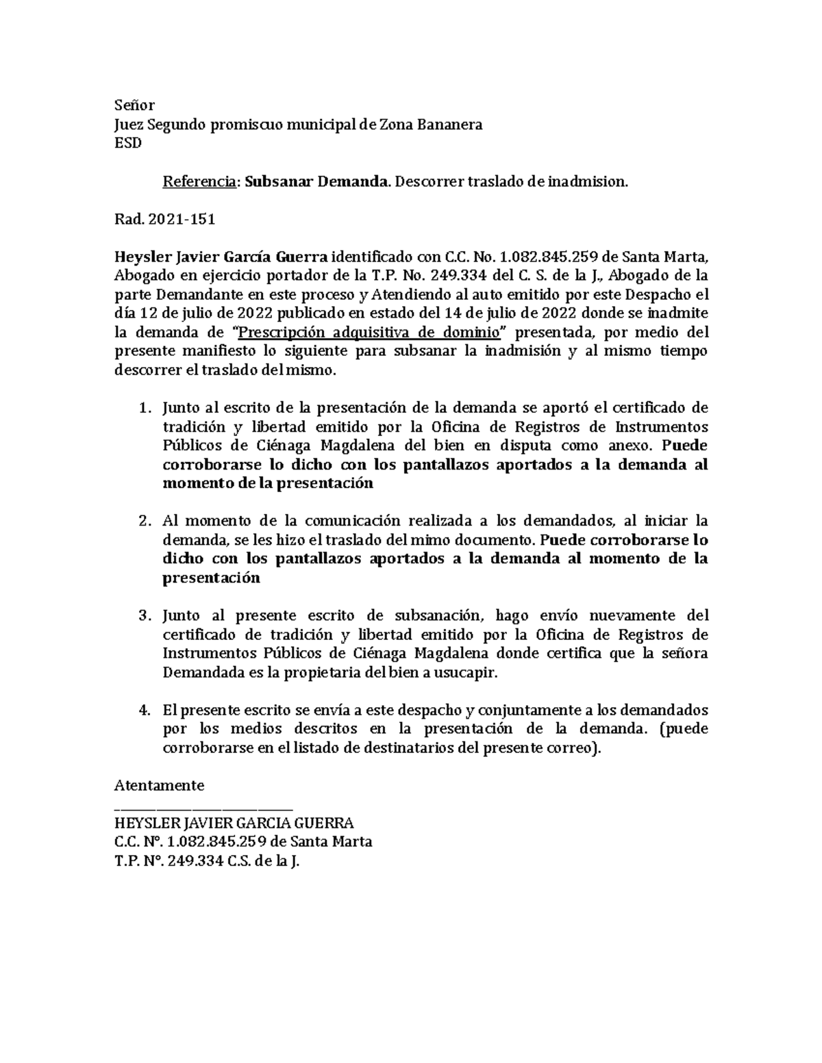 Subsanación de Demanda - Rad. 2021-151 ESD Zona Bananera - Studocu