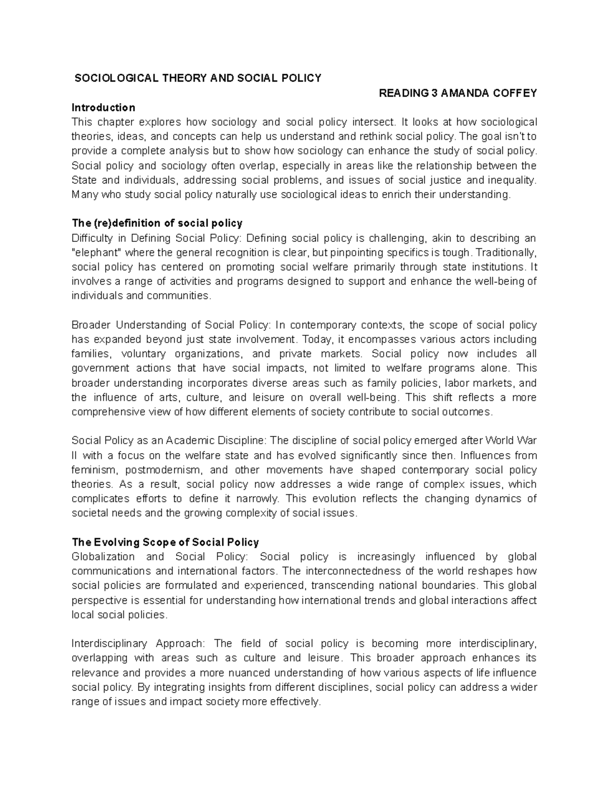 SOCIOLOGICAL THEORY & SOCIAL POLICY READING 3 - EXAM NOTES - Studocu