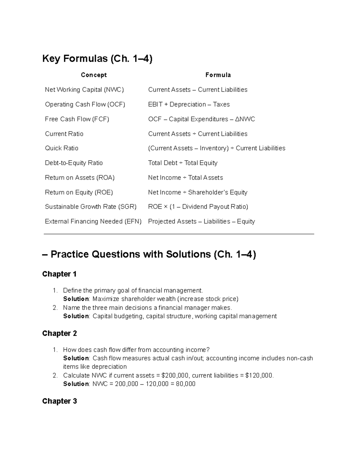 Key Formulas Study Guide (Ch. 1-3) for Financial Management - Studocu