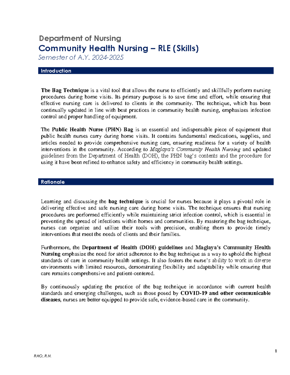 CHN RLE Bag Technique and Best Practices for Home Nursing Care - Studocu