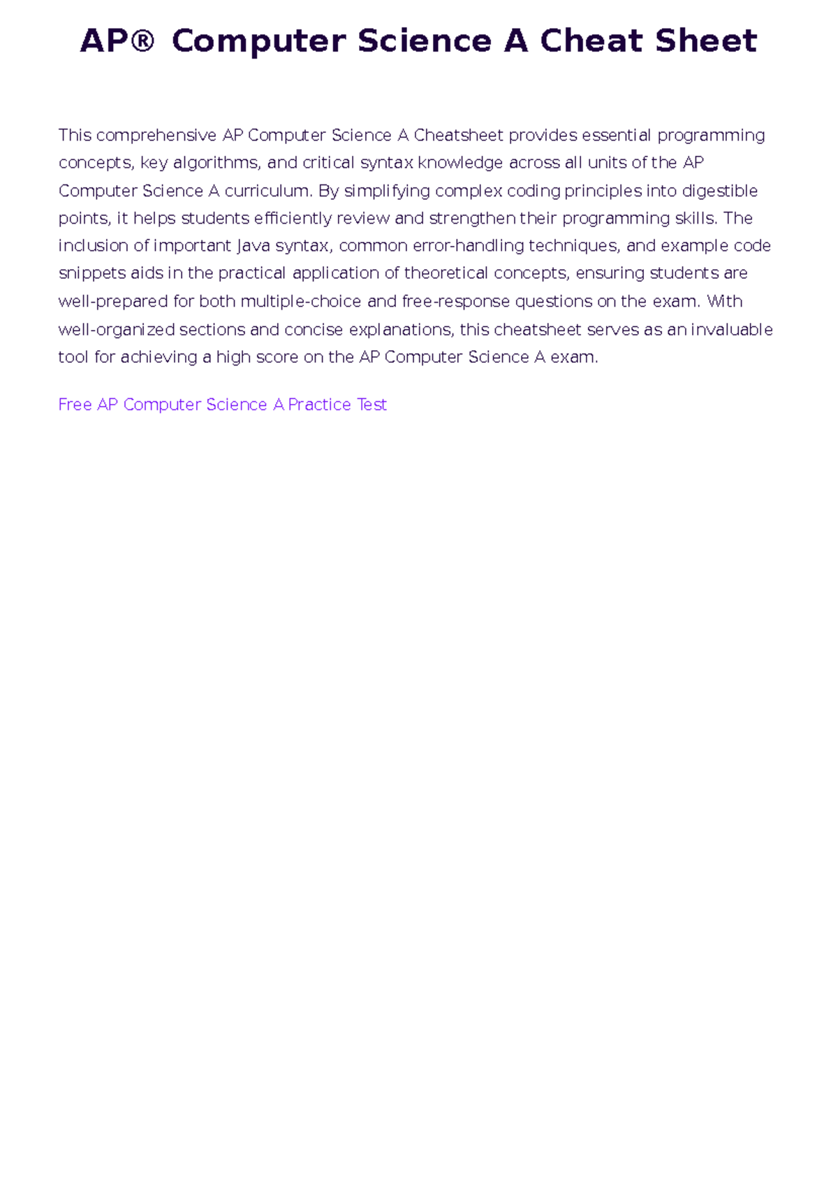 AP® Computer Science A Comprehensive Cheat Sheet - Studocu