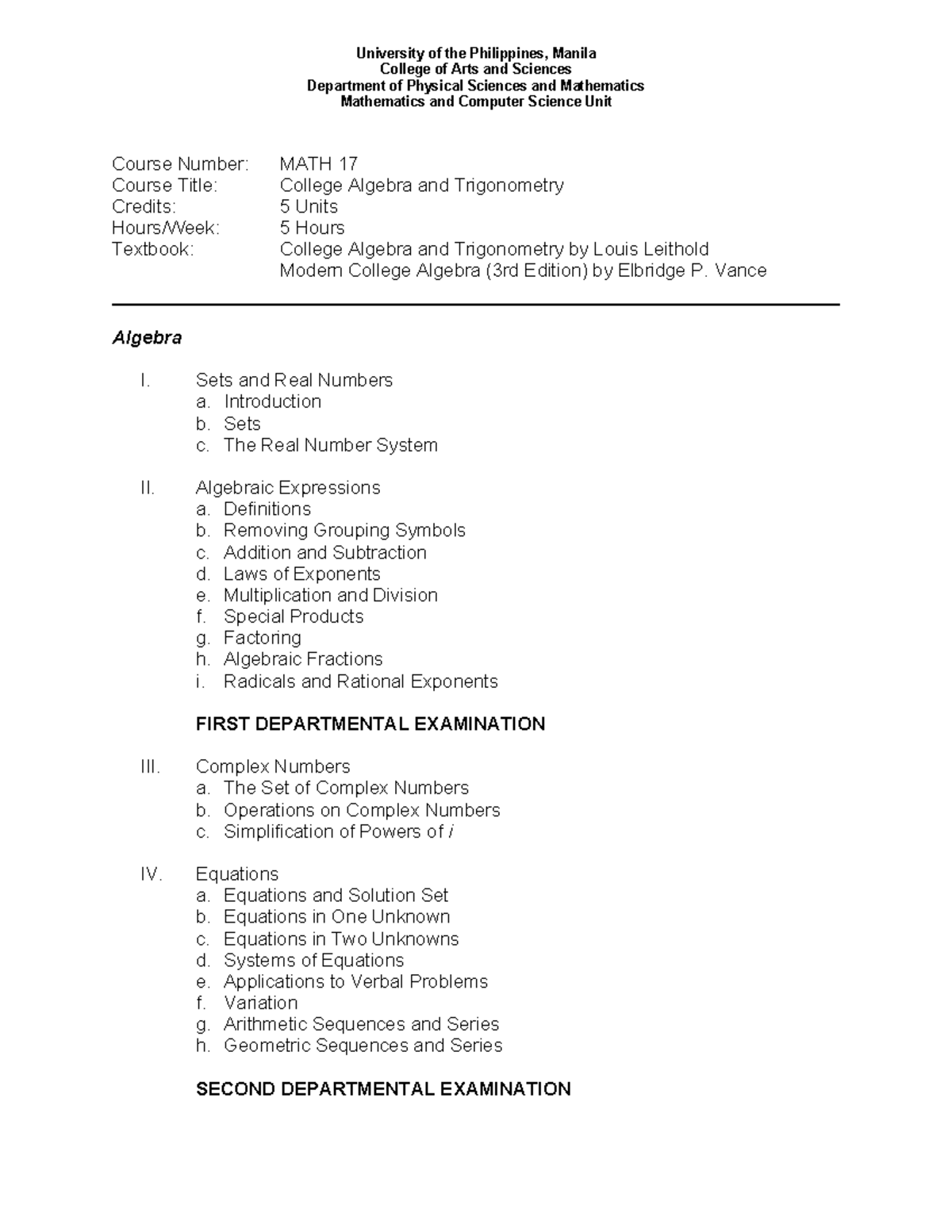 UP Manila MATH 17 Course Syllabus: College Algebra & Trigonometry - Studocu
