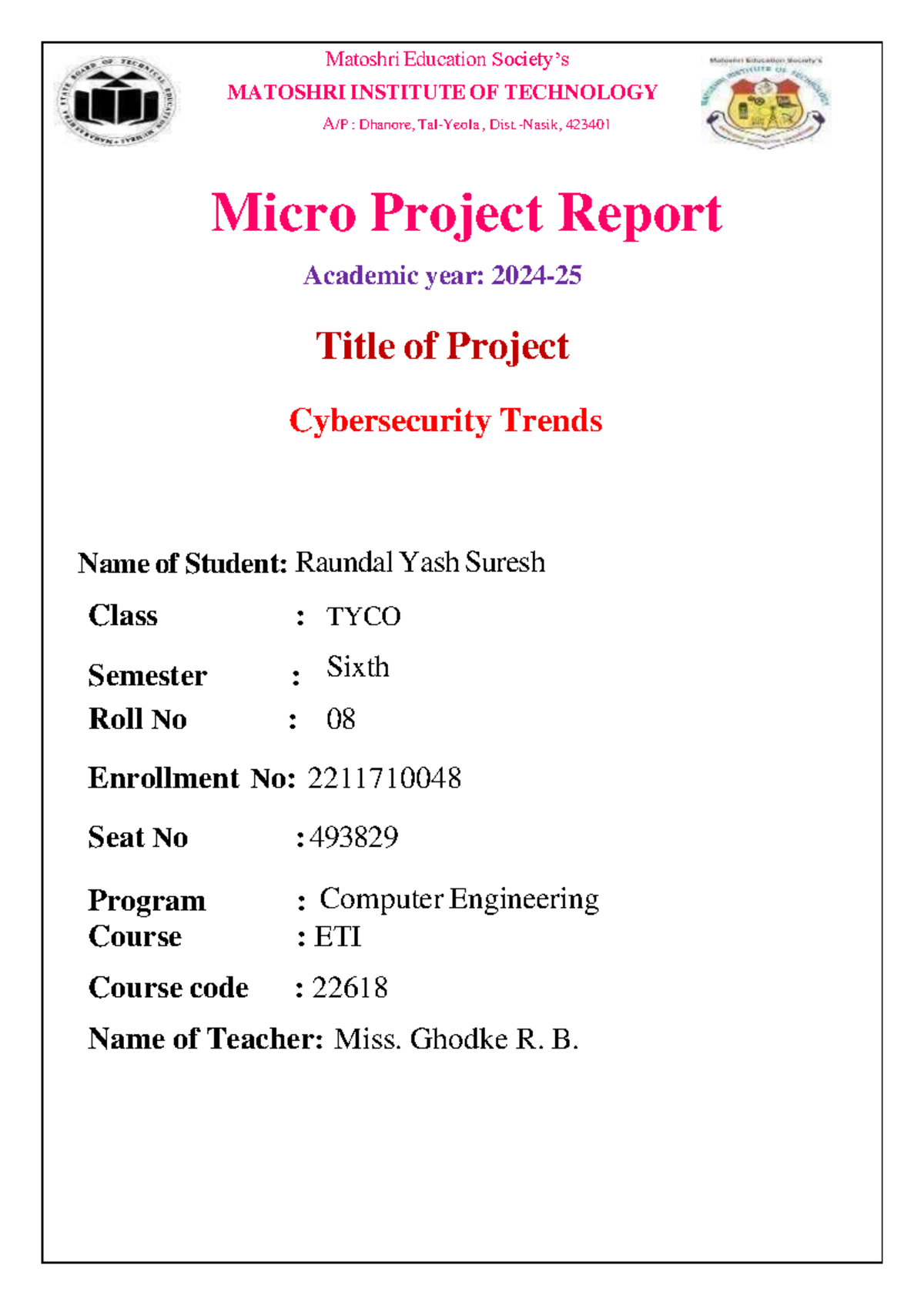Micro Project Report: Cybersecurity Trends - TYCO 22618 - Studocu
