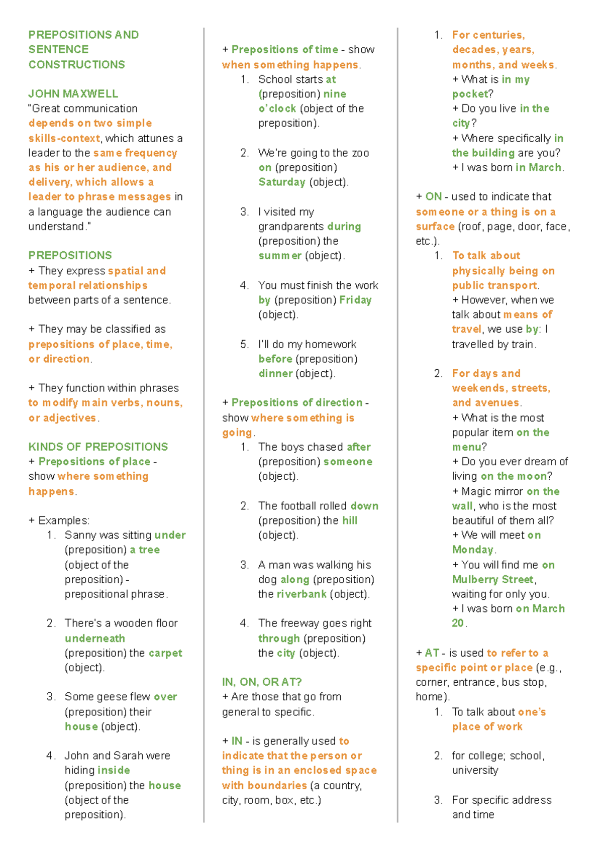 Prepositions and Sentence Constructions: Writing Notes for COMM 101 ...