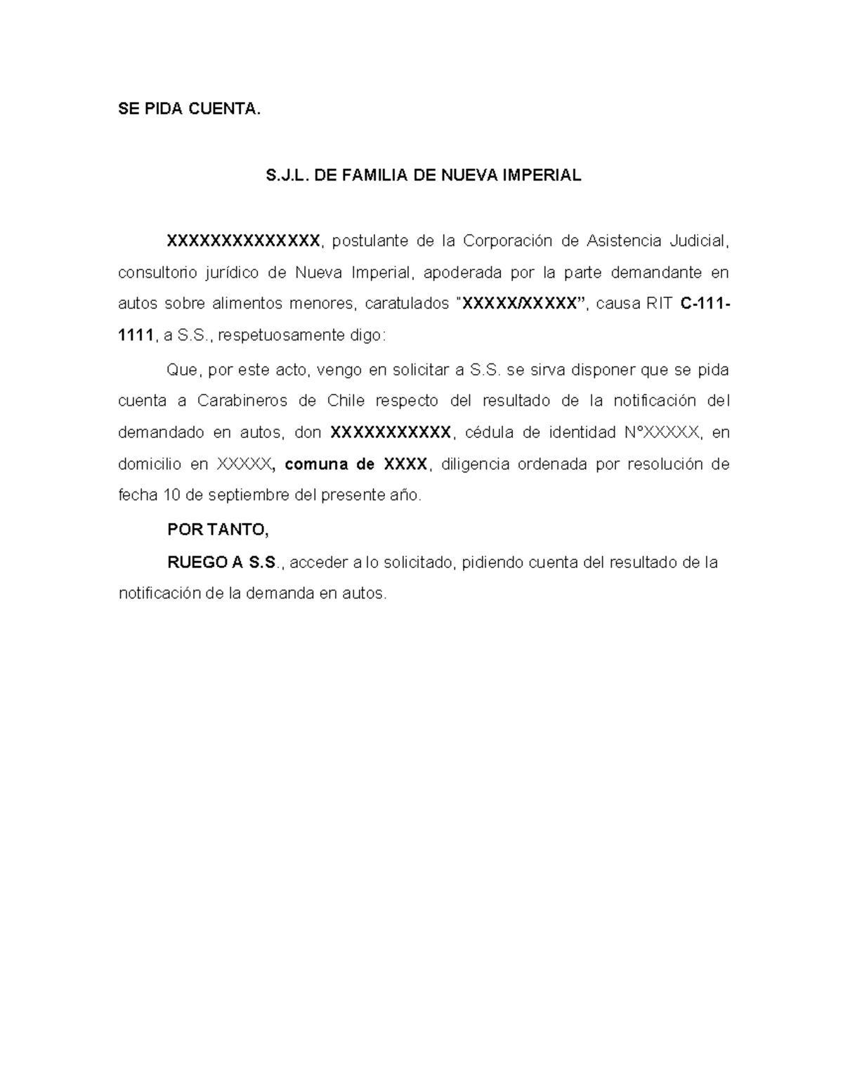 SE PIDA CUENTA: Solicitud de Notificación en Causa de Alimentos - Studocu