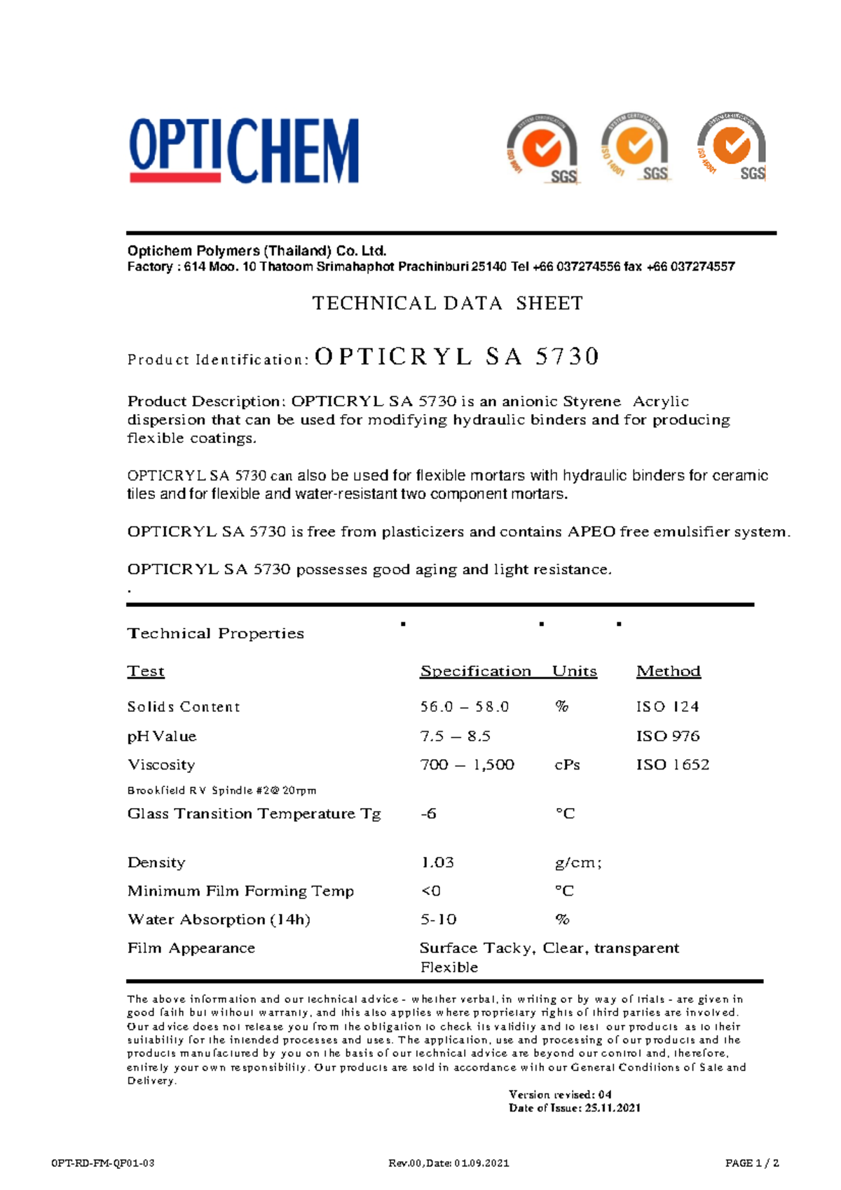 TDS for OPTICRYL SA 5730 - Technical Data Sheet (Rev. 01.09.2021) - Studocu