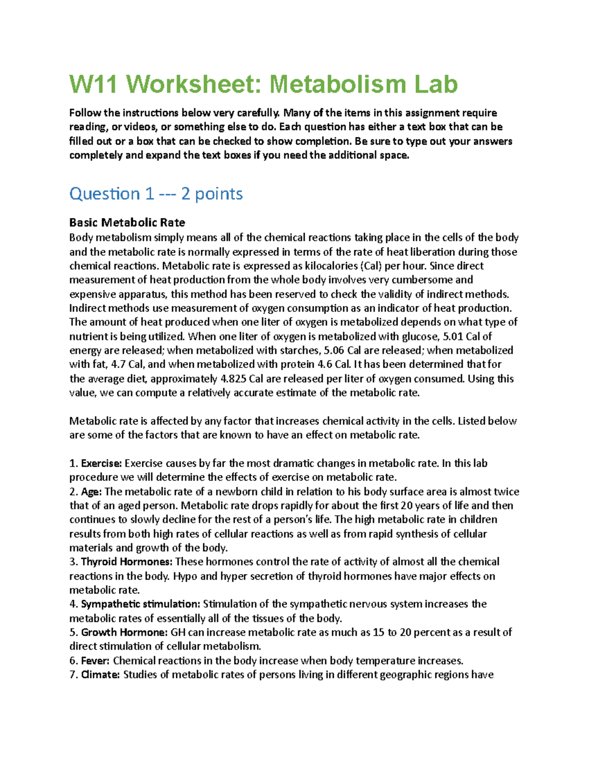 W11 Metabolism Lab Worksheet: Understanding Energy and Exercise - Studocu