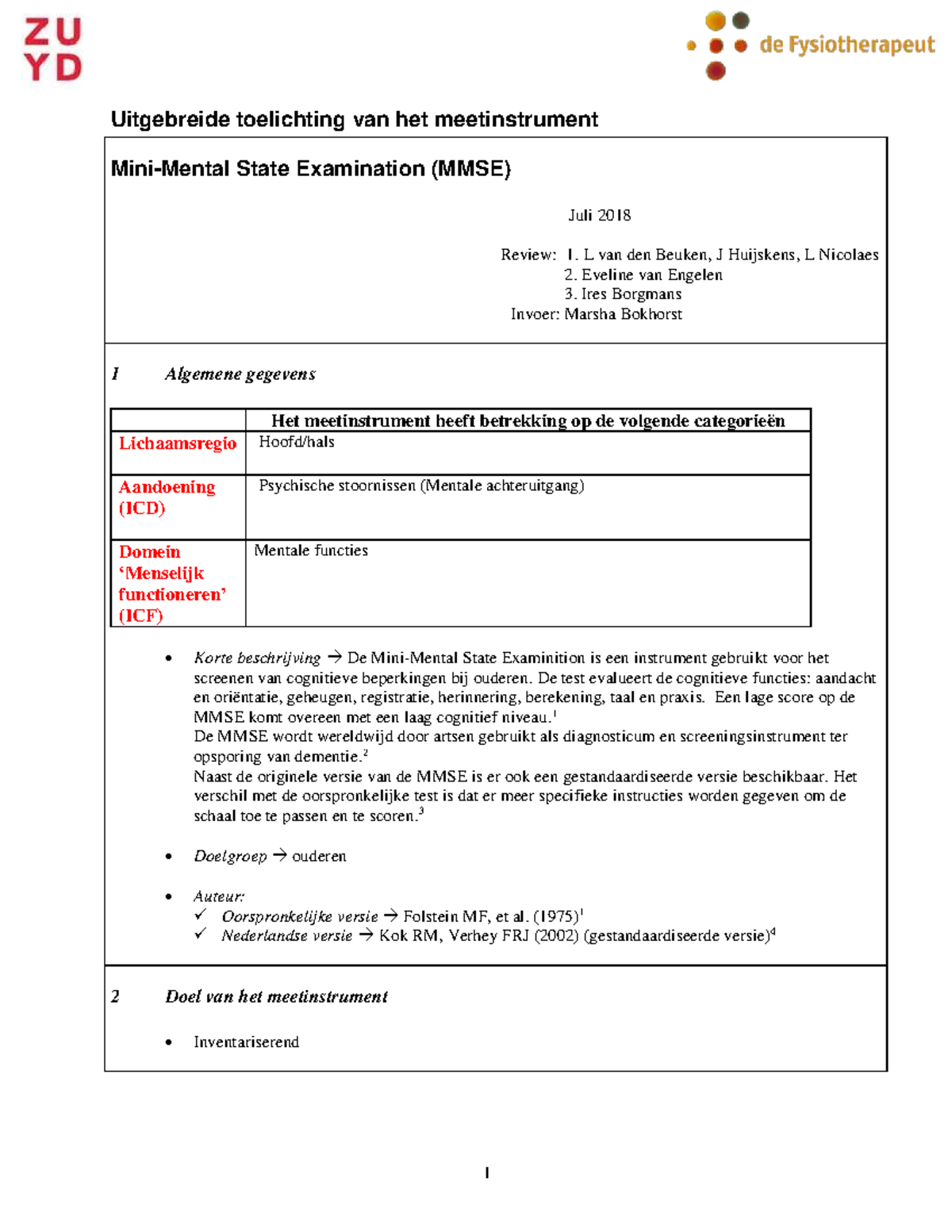 Mini-Mental State Examination (MMSE) Toelichting en Instructies - Studocu