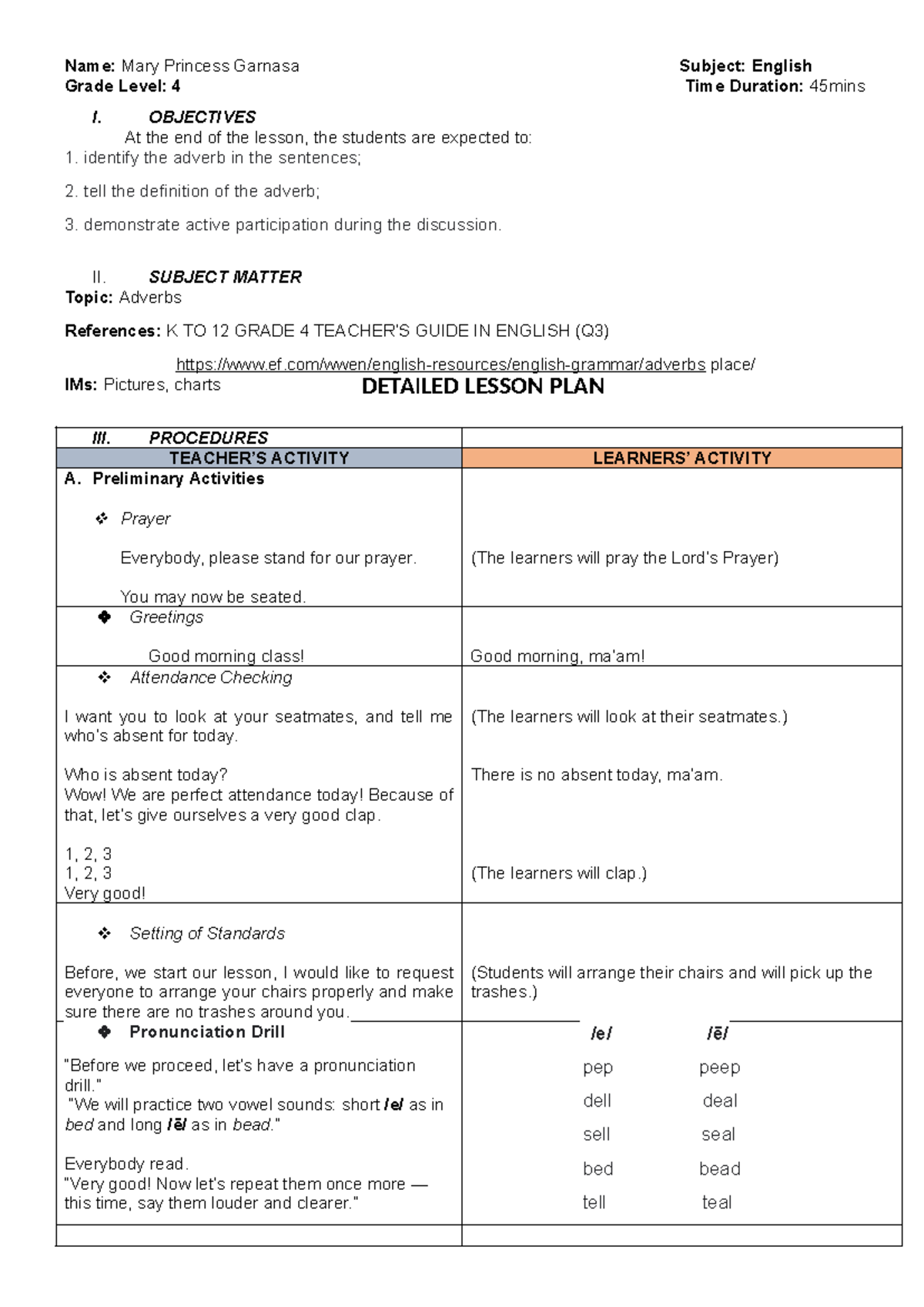 Detailed Lesson Plan on Adverbs for Grade 4 (ENG Q3) - Studocu