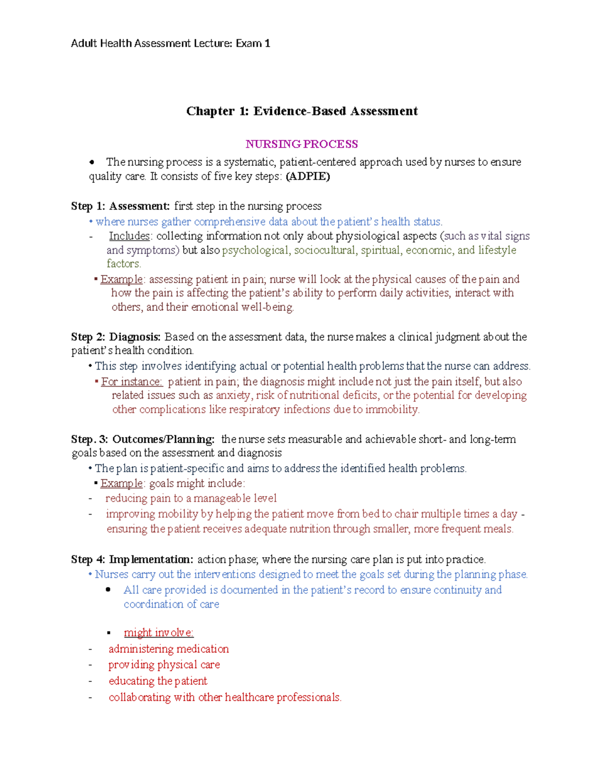 Adult Health Assessment Lecture: Exam 1 Overview and Key Concepts - Studocu