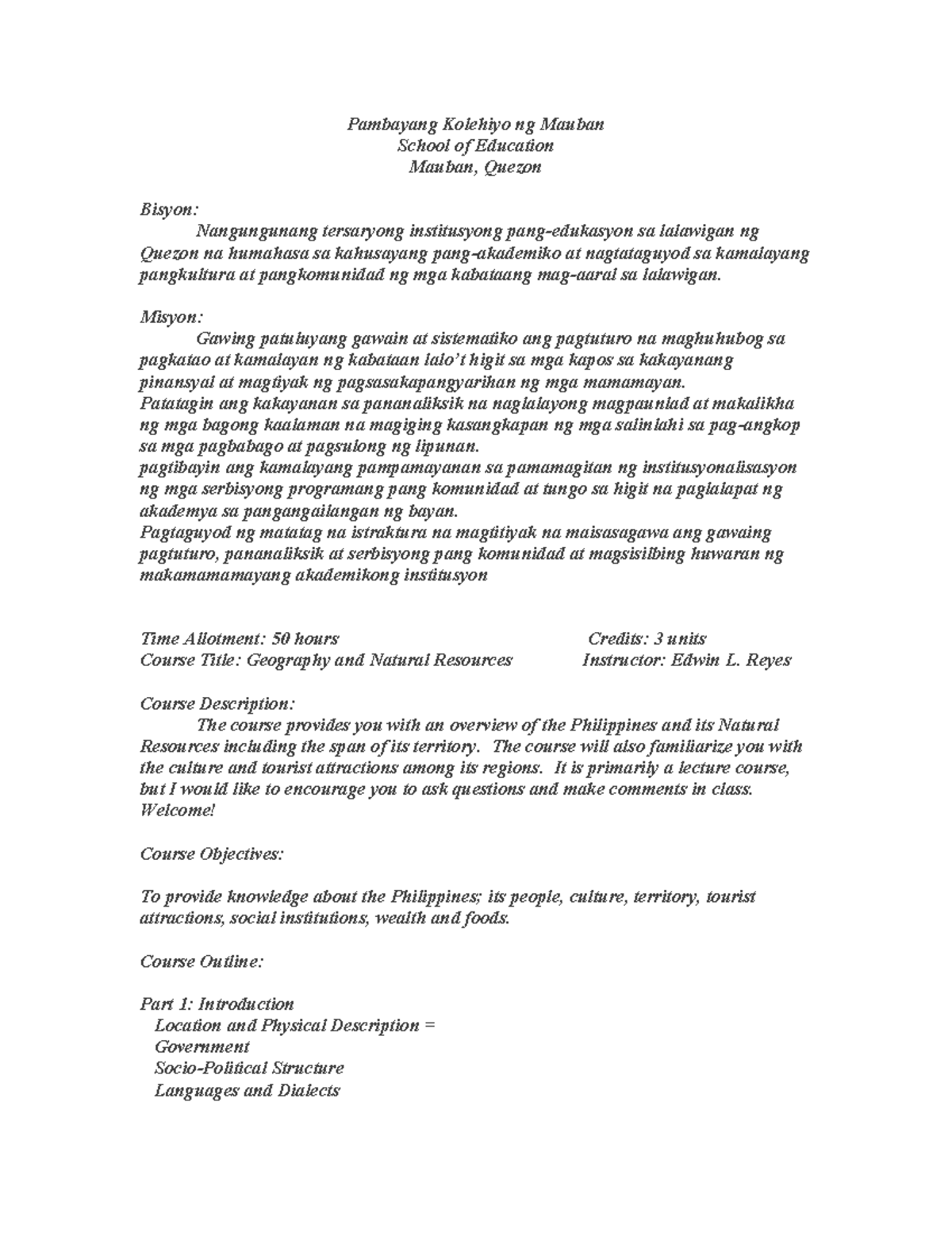 Geography and Natural Resources Syllabus (GEOG 101) - Studocu