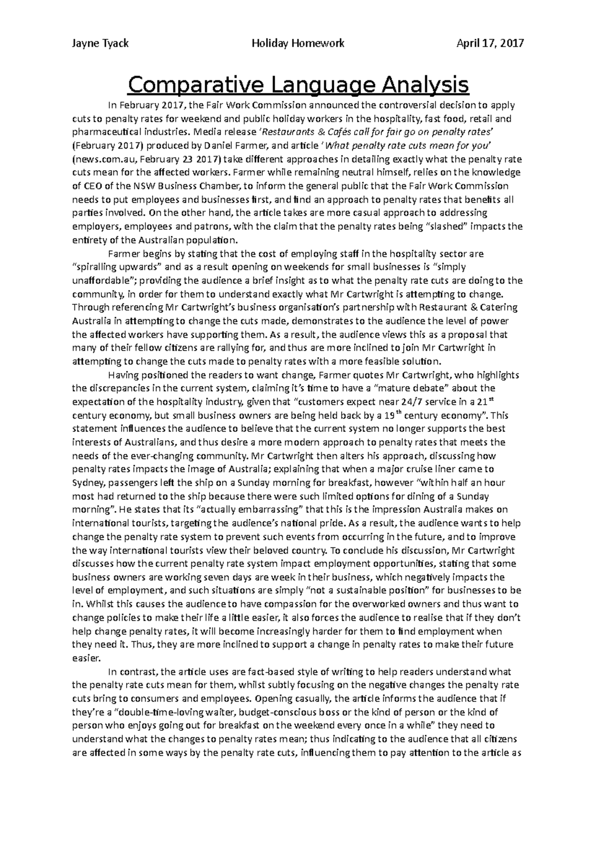 Comparative Language Analysis - Jayne Tyack Holiday Homework April 17 ...