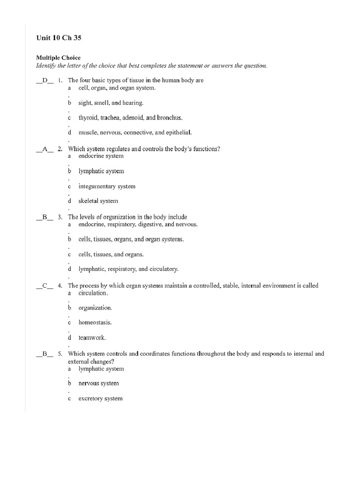 Unit 10 Chapter 35 MCQs on Human Body Tissues and Systems - Studocu
