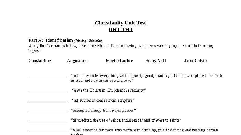 Christianity Unit Test HRT 3M1: Identification & Multiple Choice - Studocu