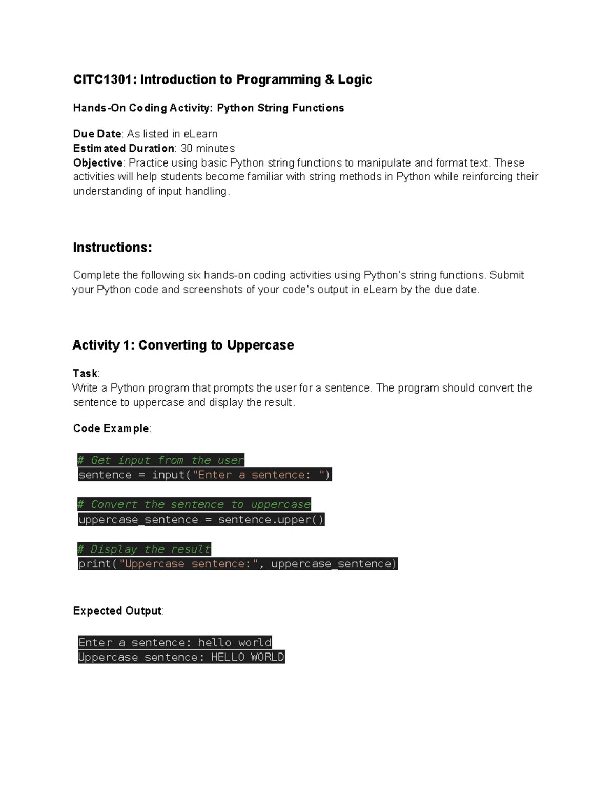 CITC1301: Hands-On Coding Activity on Python String Functions - Studocu