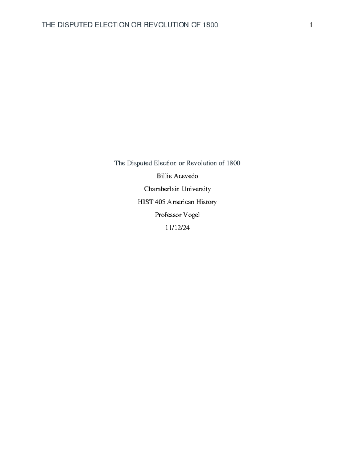HIST405 The Controversial Election of 1800: An In-Depth Analysis - Studocu