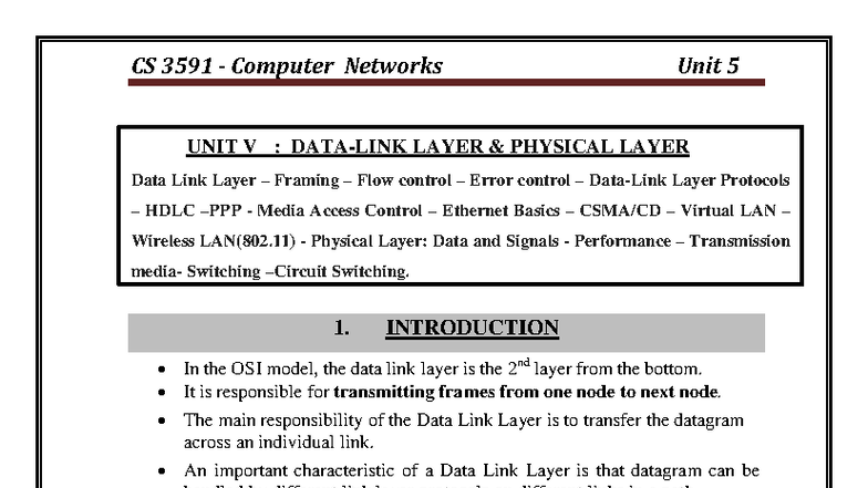 CS 3591 Computer Networks Unit 5: Data Link Layer Overview and ...