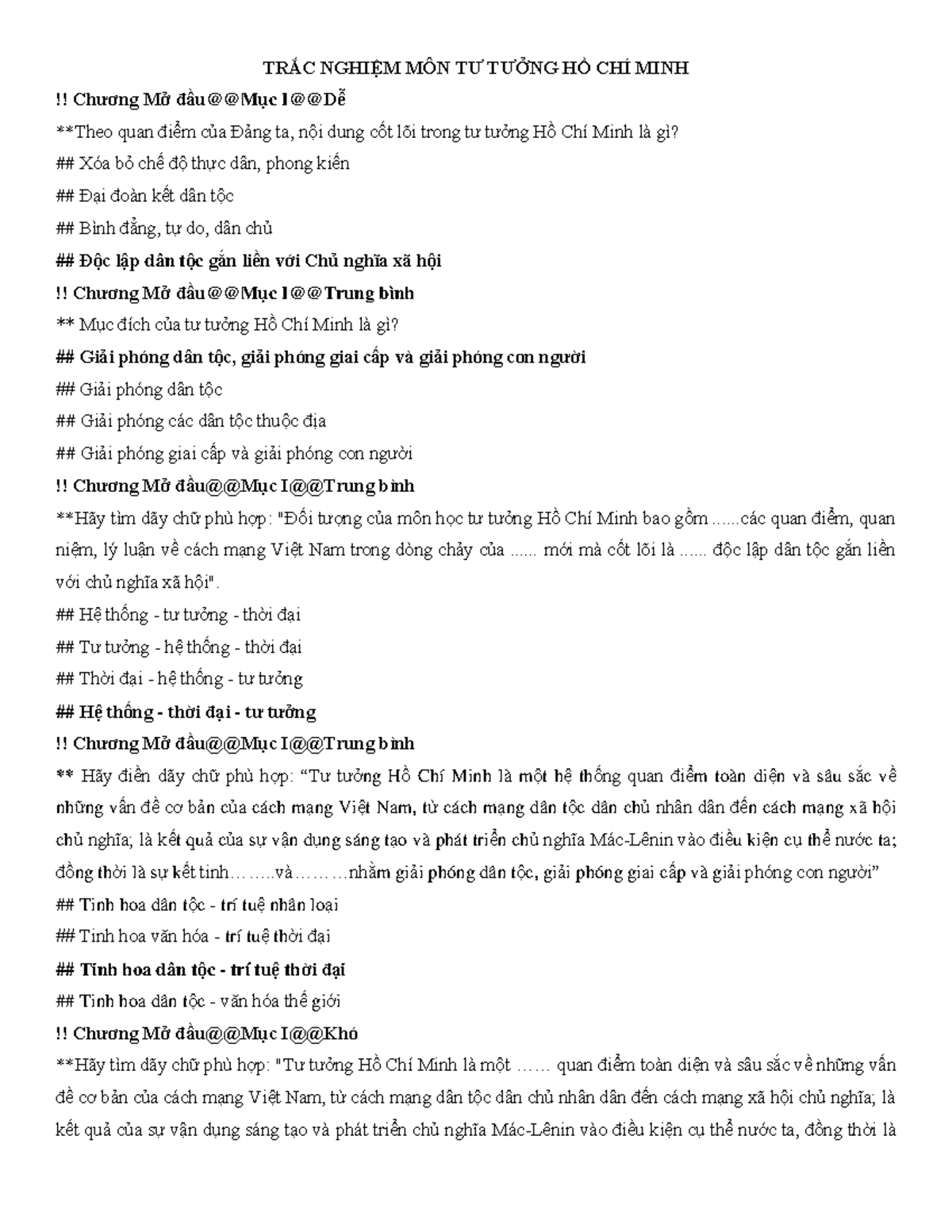 Tổng hợp trắc nghiệm TTHCM - TDT: Góc nhìn về Tư tưởng Hồ Chí Minh - Studocu