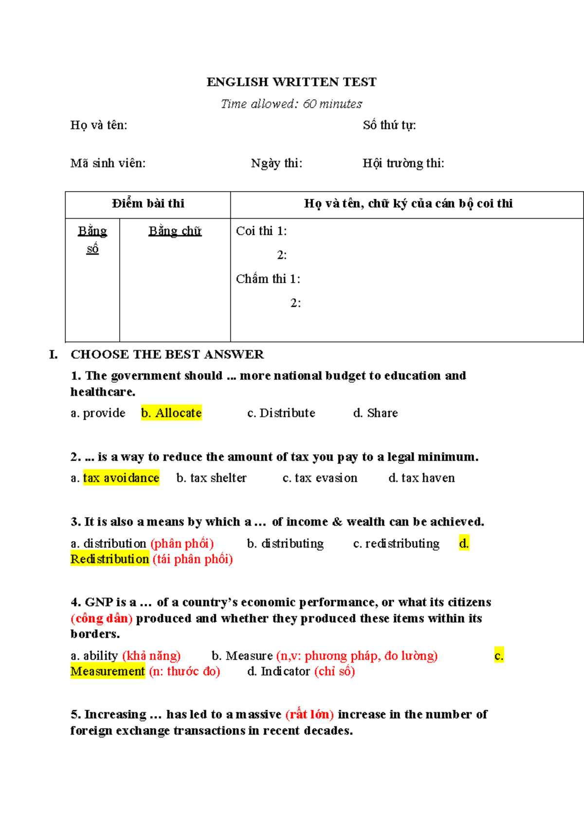 ENGLISH WRITTEN TEST (Đề-1) - Comprehensive Exam Preparation - Studocu