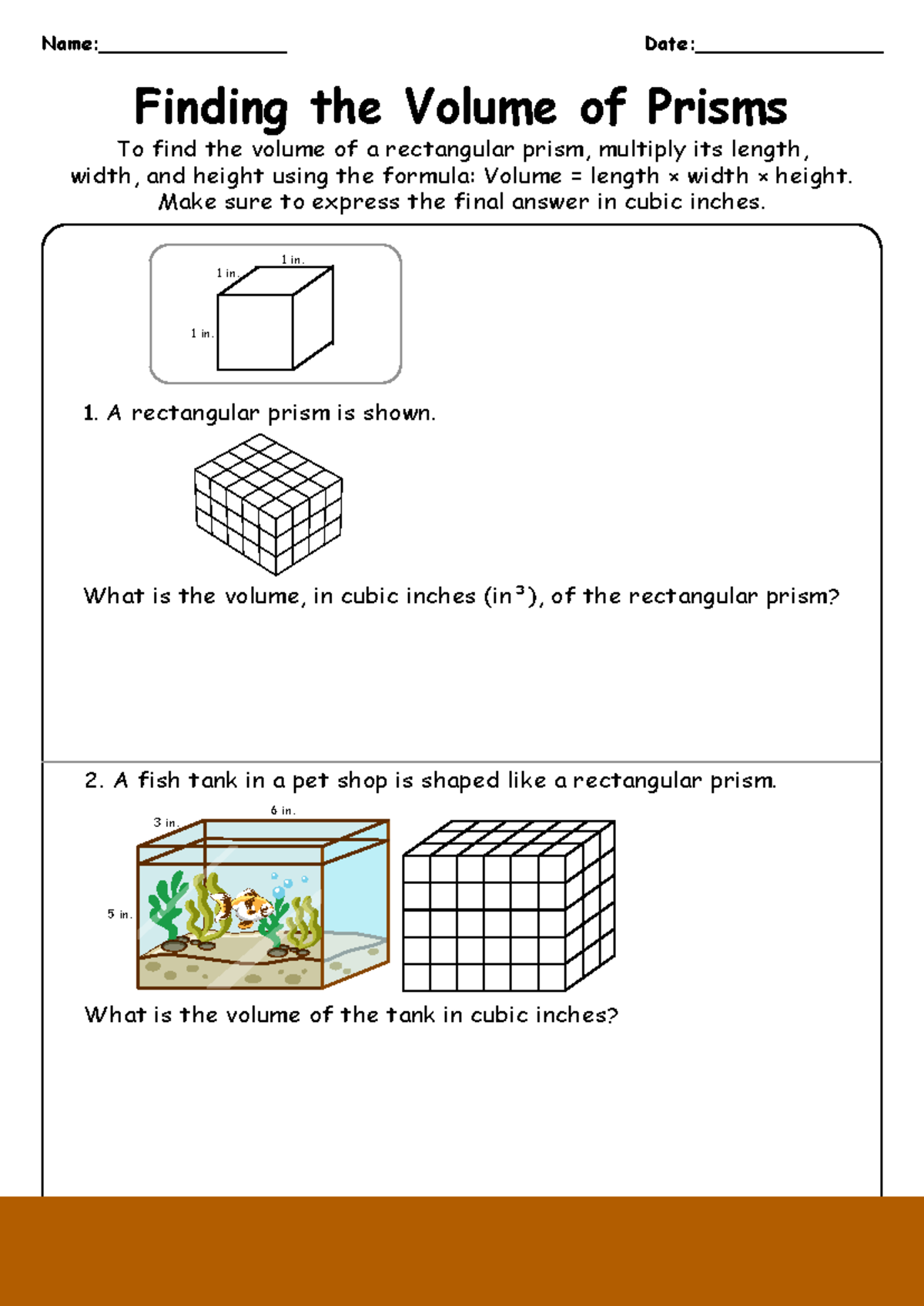 Finding the Volume of Rectangular Prisms - 5th Grade Worksheet - Name ...