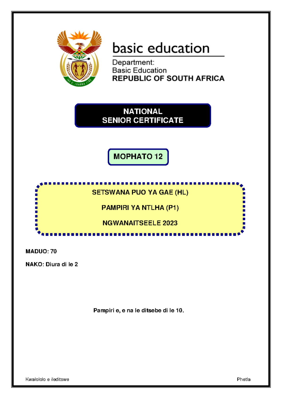 Setswana HL P1 Exam Paper - National Senior Certificate 2023 - Studocu
