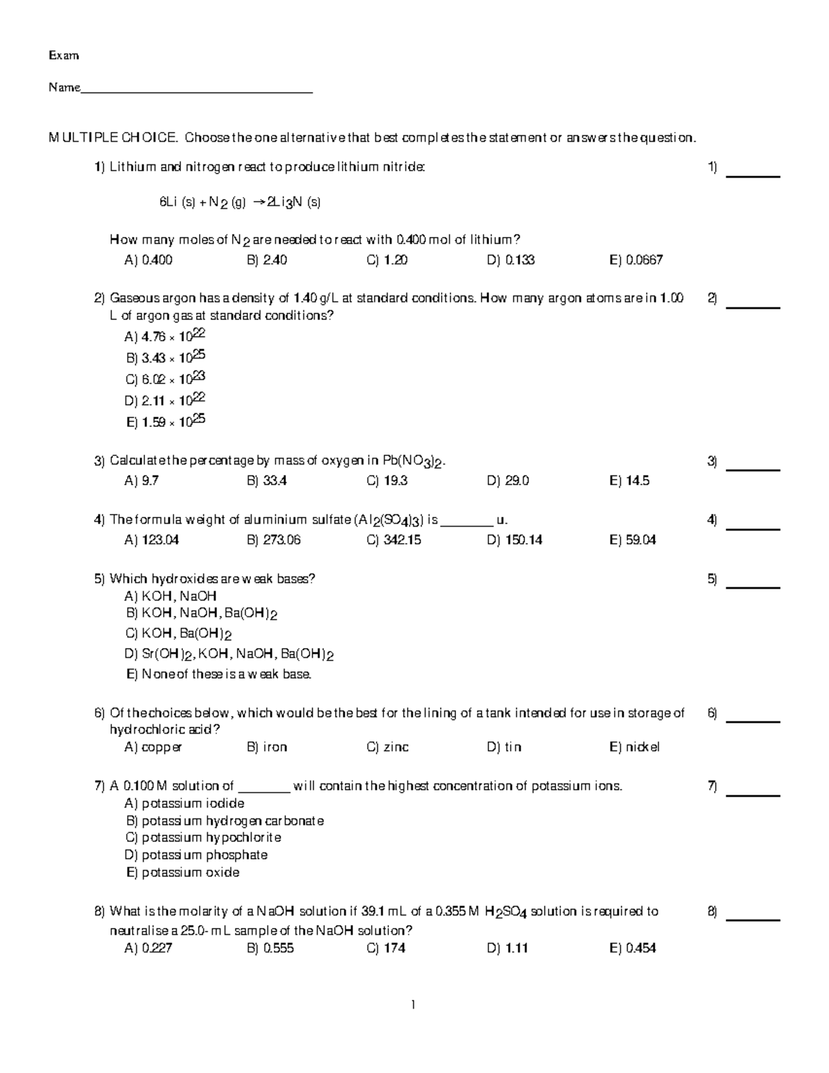 Chemistry 1 Final Exam Practice Questions and Answers - Studocu
