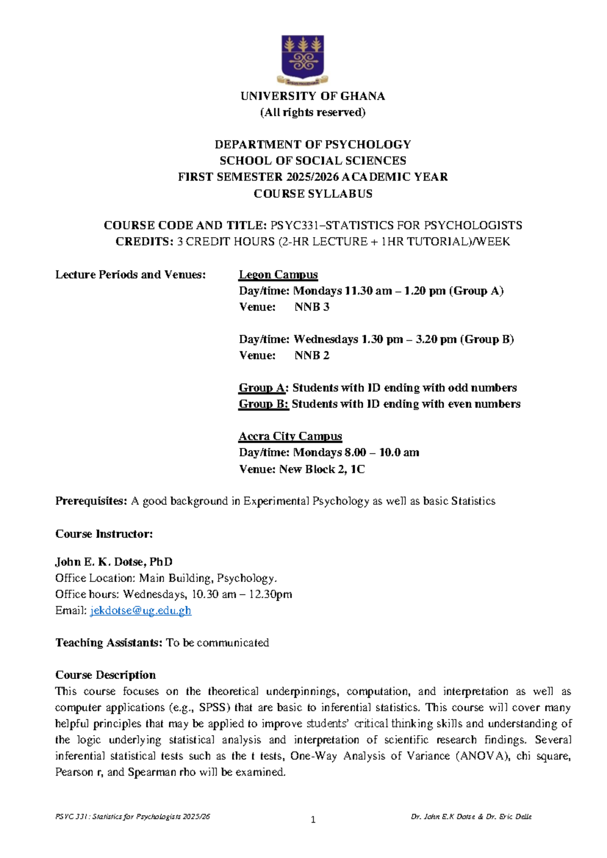 PSYC 331: Statistics for Psychologists Course Syllabus 2025-26 - Studocu