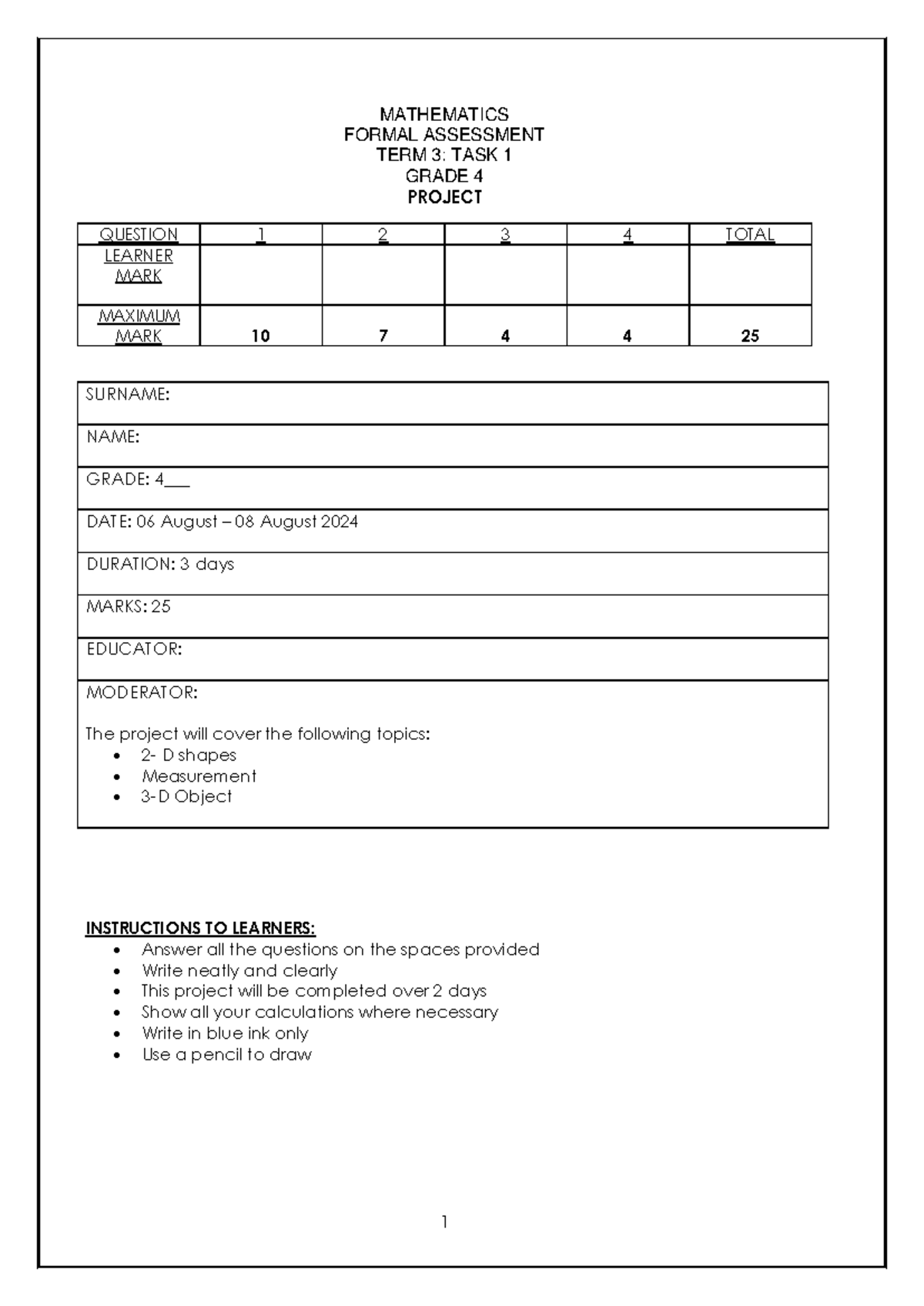 Grade 4 Mathematics Project G4 2024: Formal Assessment Task 1 - Studocu