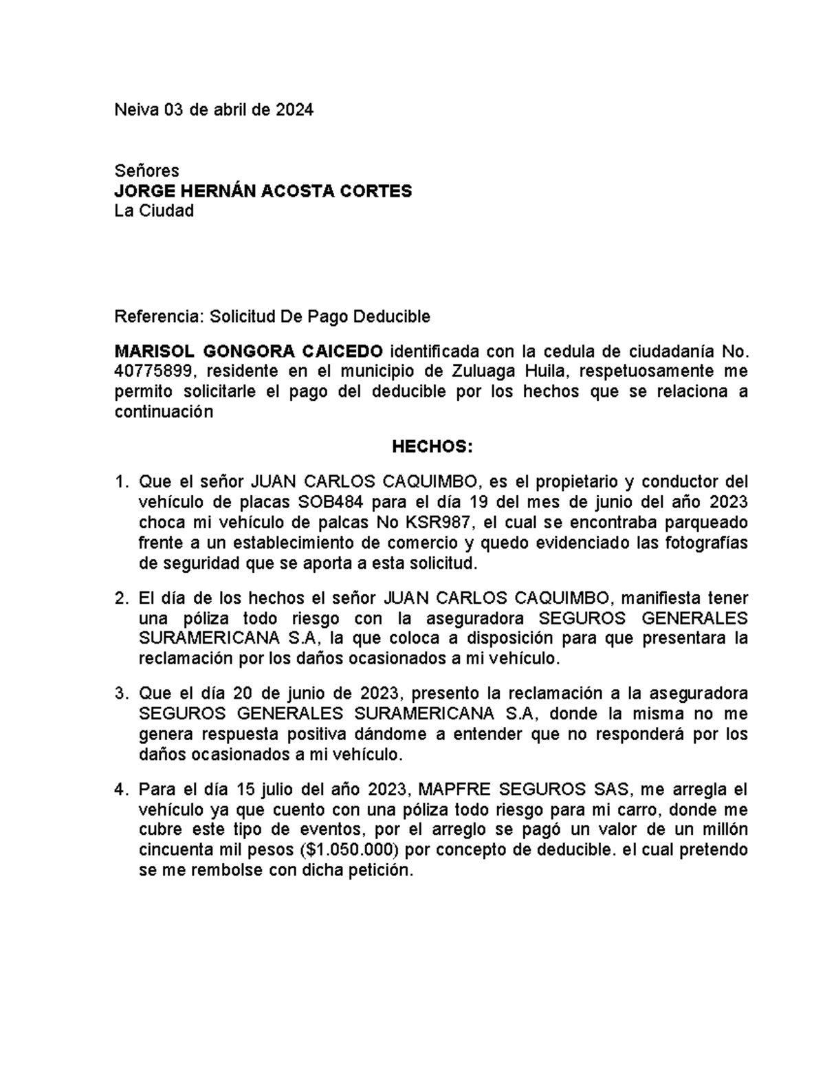 Solicitud de Pago de Deducible - Marisol Gongora Caicedo - Studocu