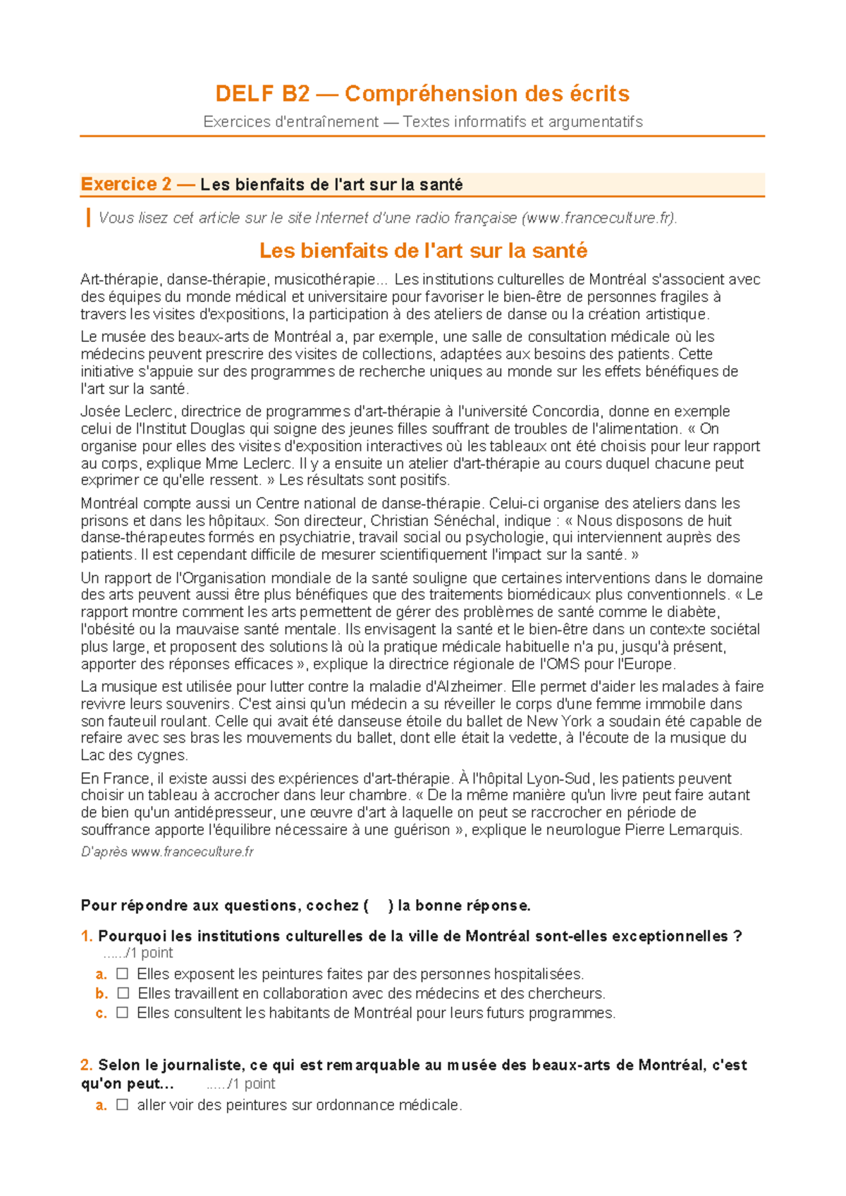DELF B2 Compréhension des Écrits : Les Bienfaits de l'Art sur la Santé ...