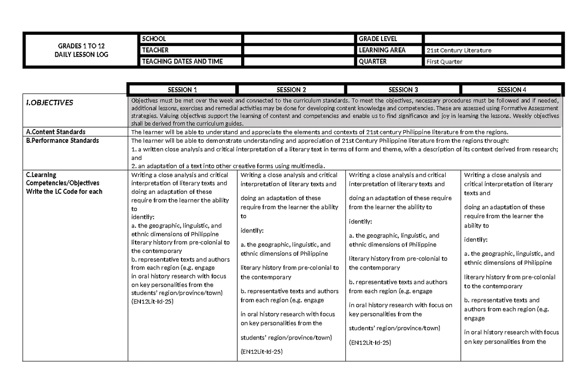 1st Quarter Daily Lesson Log: 21st Century Literature (Grades 1-12 ...