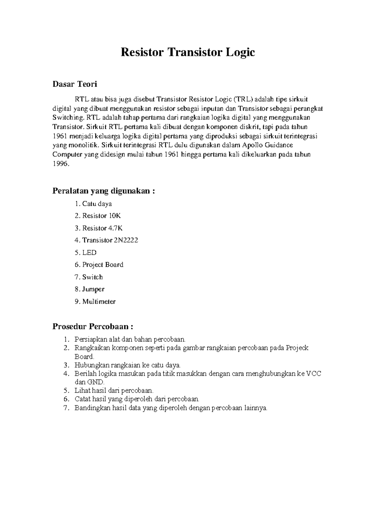 Modul RTL: Teori dan Praktikum Sirkuit Transistor Resistor Logic - Studocu