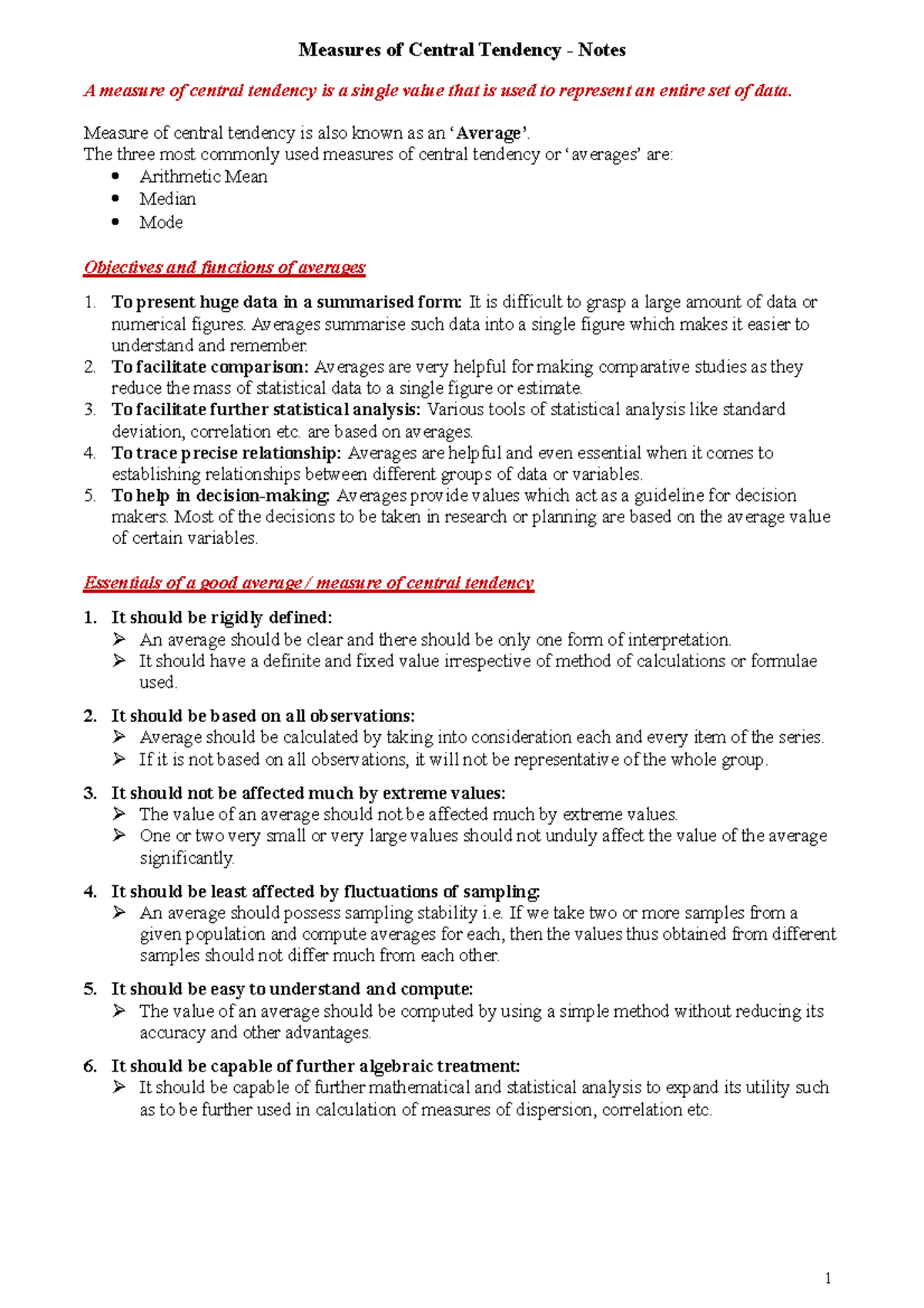Measures of Central Tendency: Arithmetic Mean Notes (Stats 101) - Studocu