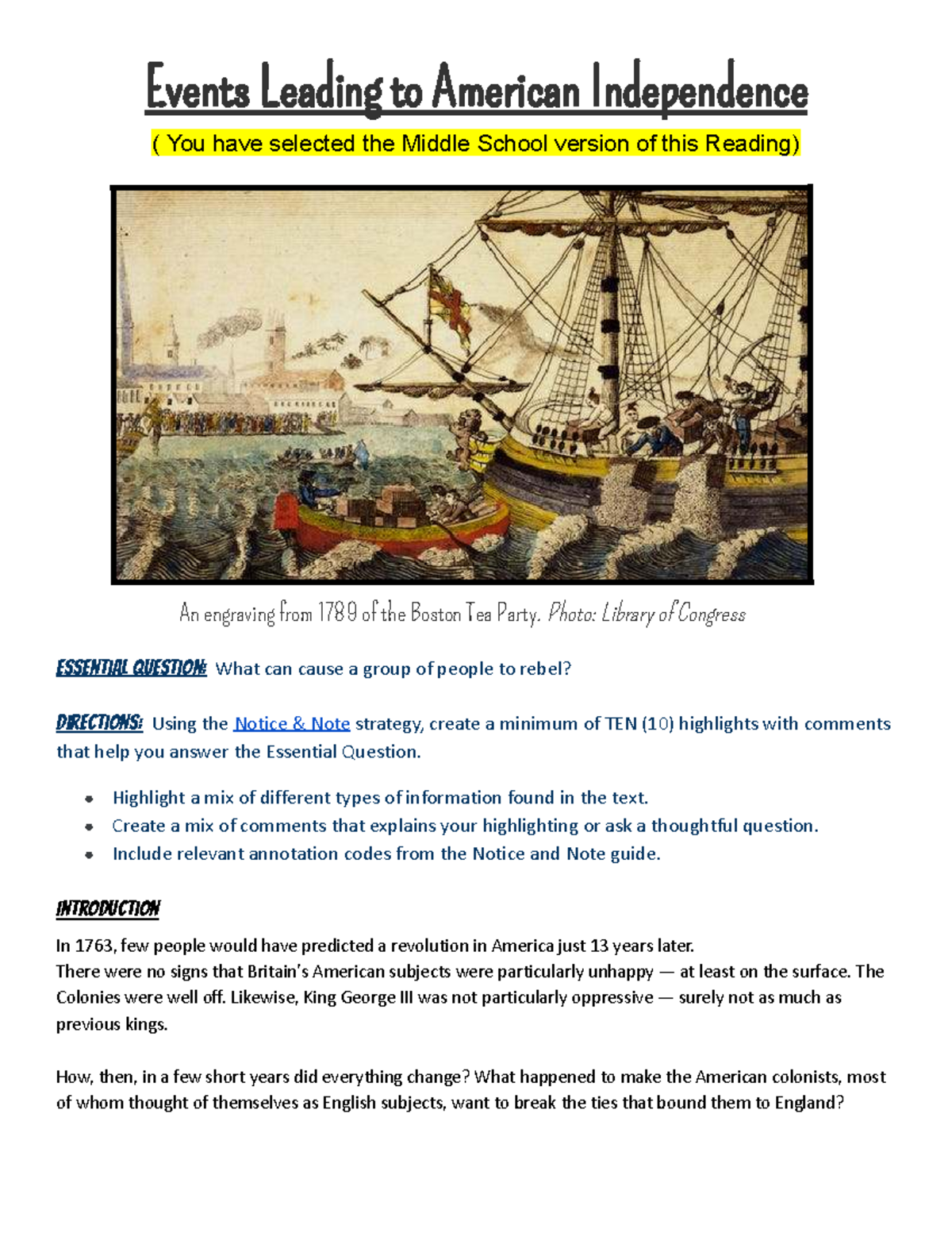 MS Reading: Events Leading to American Independence - Key Highlights ...