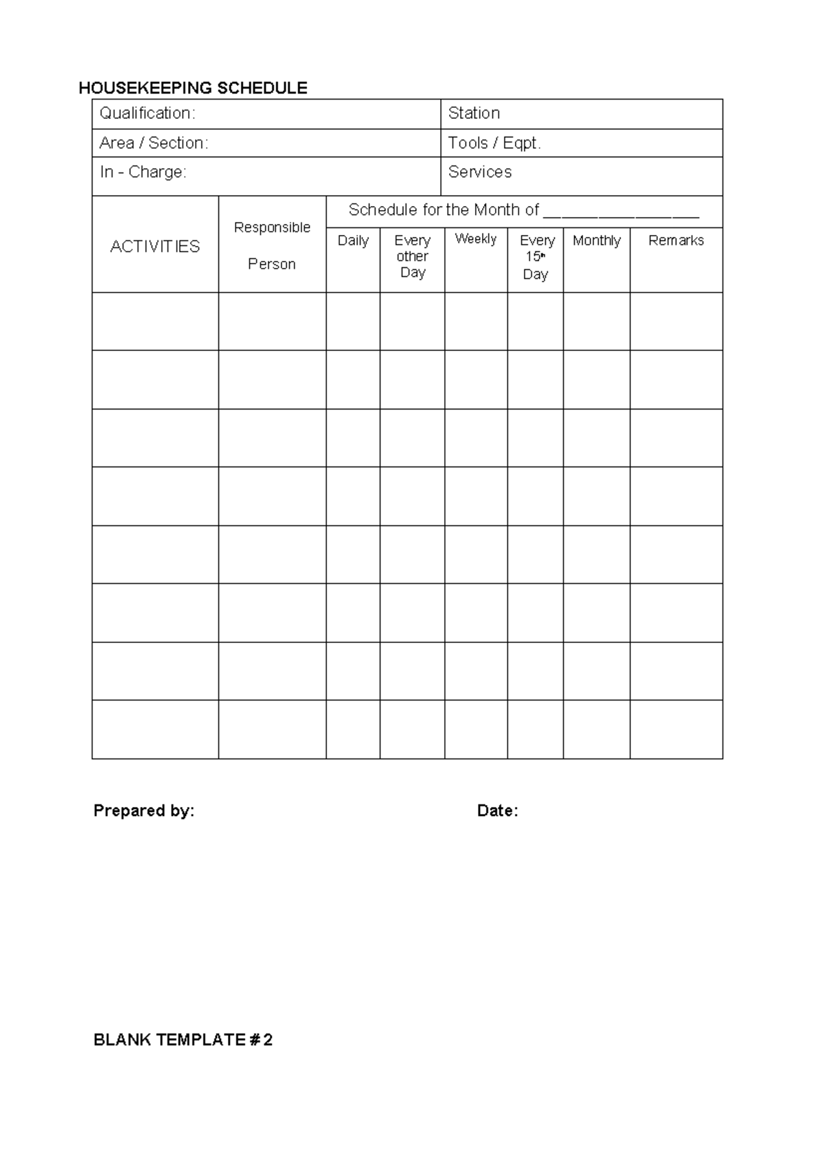 MTF-Template: Housekeeping & Equipment Maintenance Schedule - Studocu