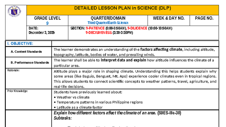 Grade 9 Science Lesson Plan: How Altitude Affects Climate - Studocu