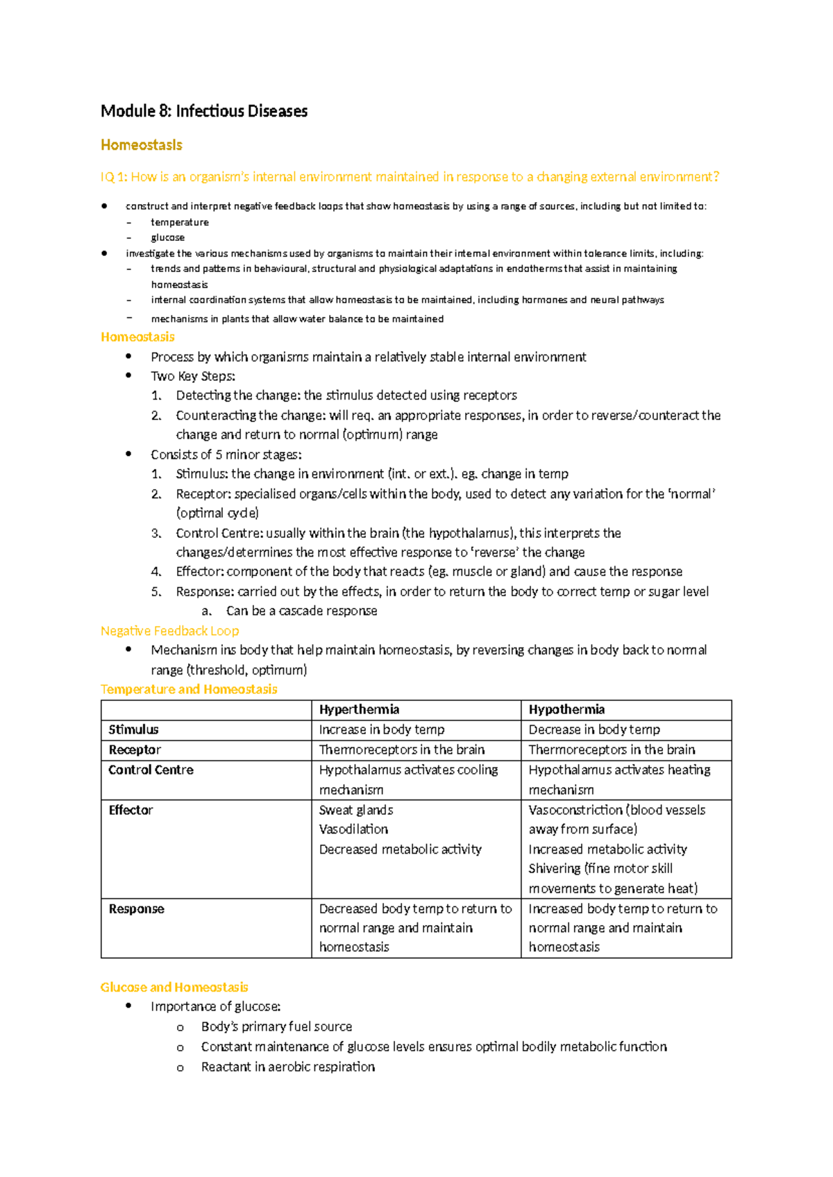 Module 8: Homeostasis & Infectious Diseases Biology Notes - Studocu