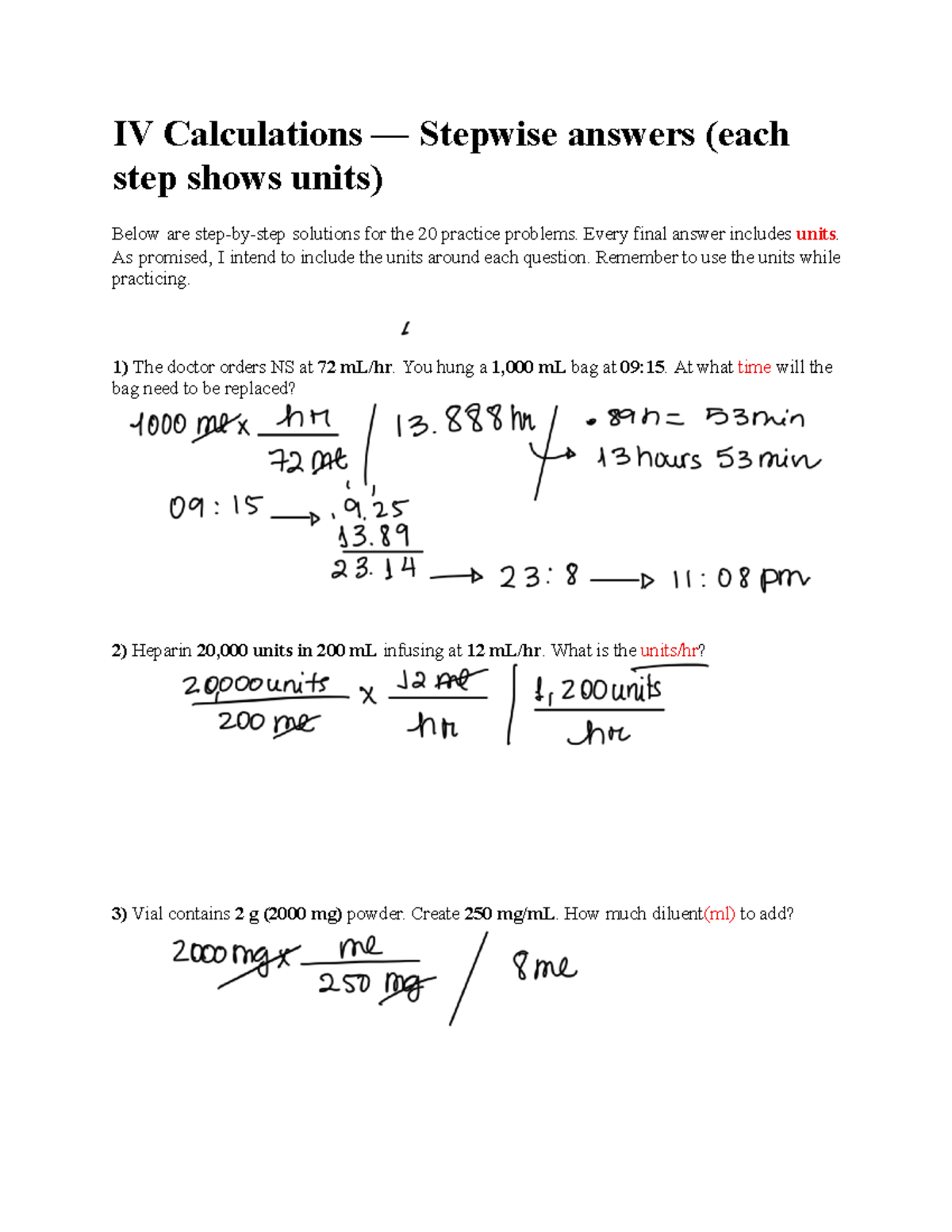 IV Dosage Calculations: Stepwise Solutions with Units - Studocu