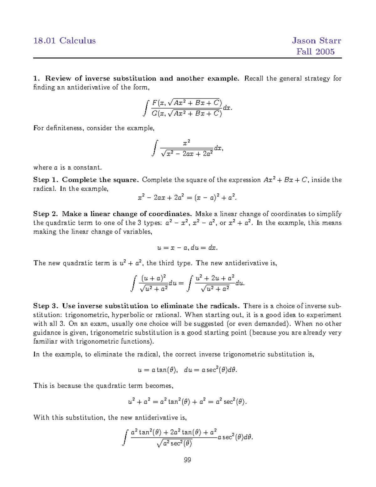 18.01 Calculus Final Exam Review: Inverse Substitution Techniques - Studocu