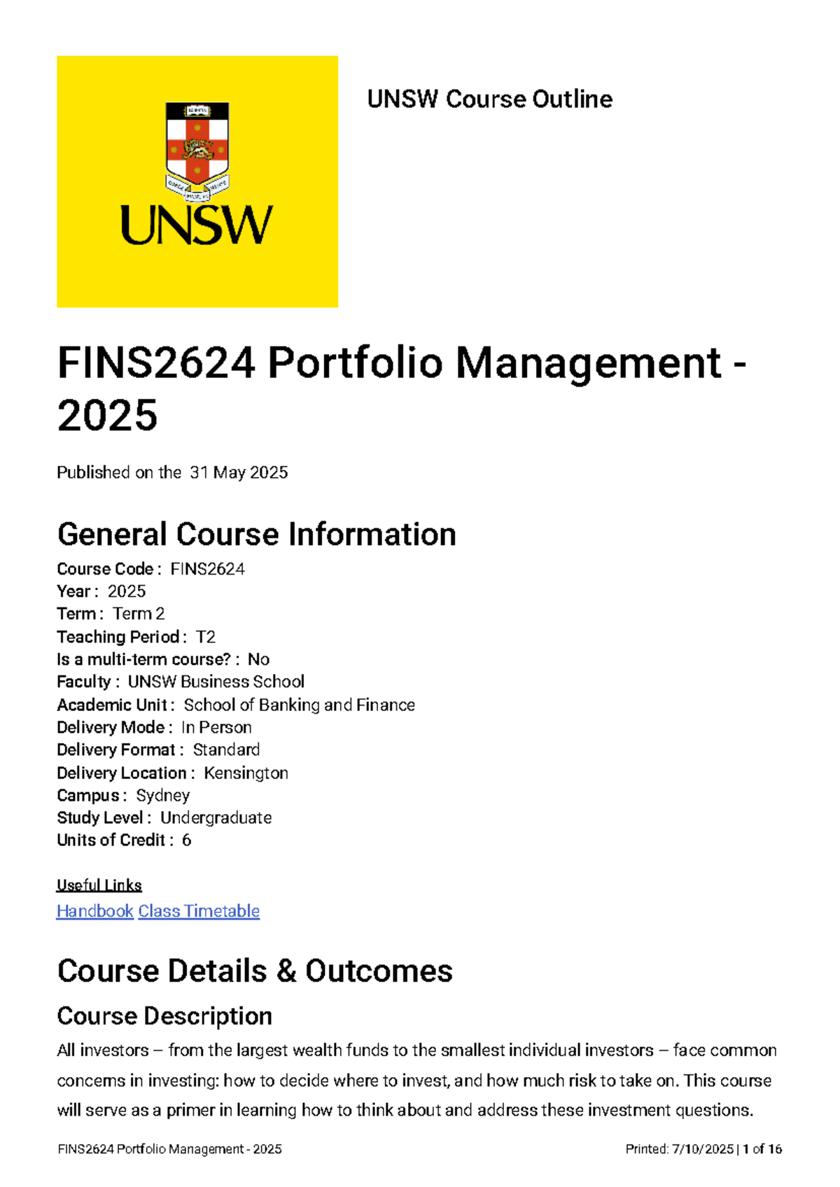 FINS2624 Portfolio Management Course Outline 2025 - Term 2 - Studocu