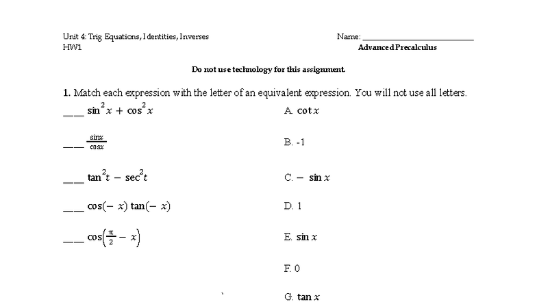 APC Unit 4: Trig Equations & Identities Homework Packet 2025 - Studocu
