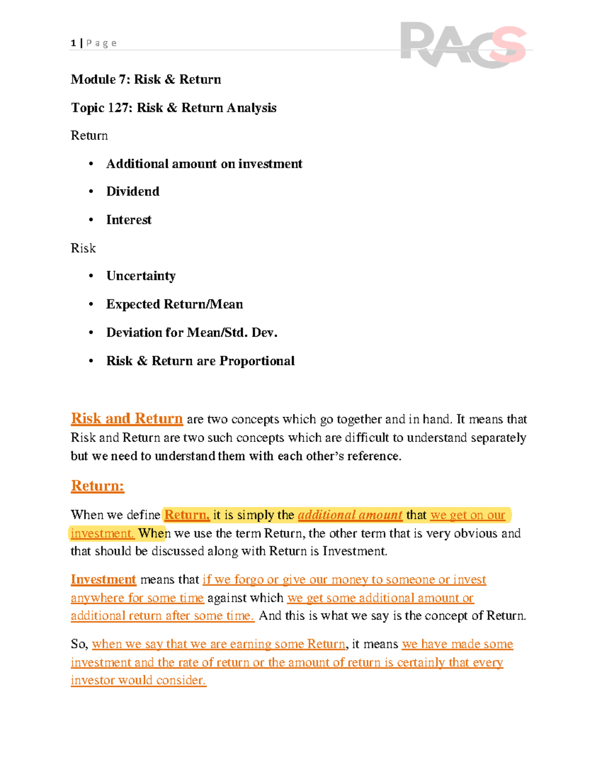 Module 7: Risk & Return (Topics 127-144) Analysis and Insights - Studocu