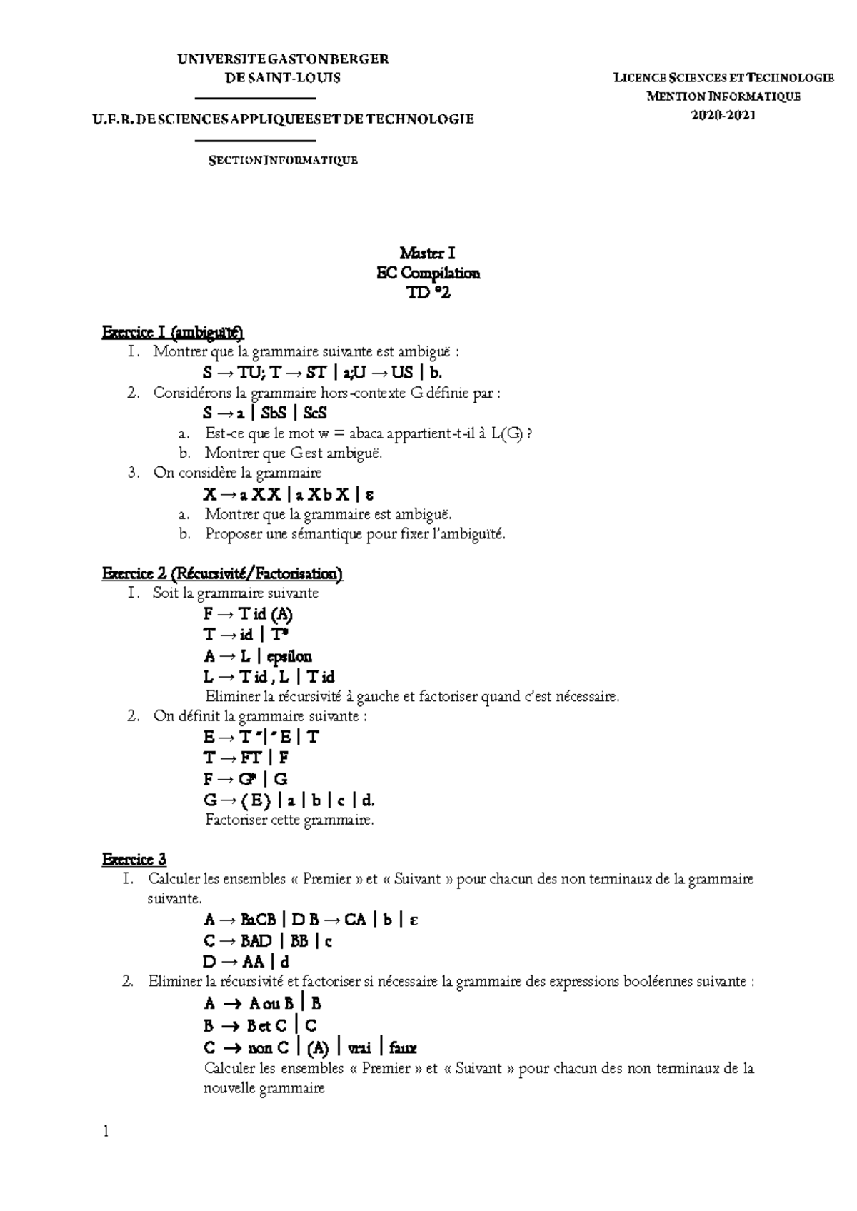 TD 2 2021 - Informatique: Compilation et Ambiguïté des Grammaires - Studocu