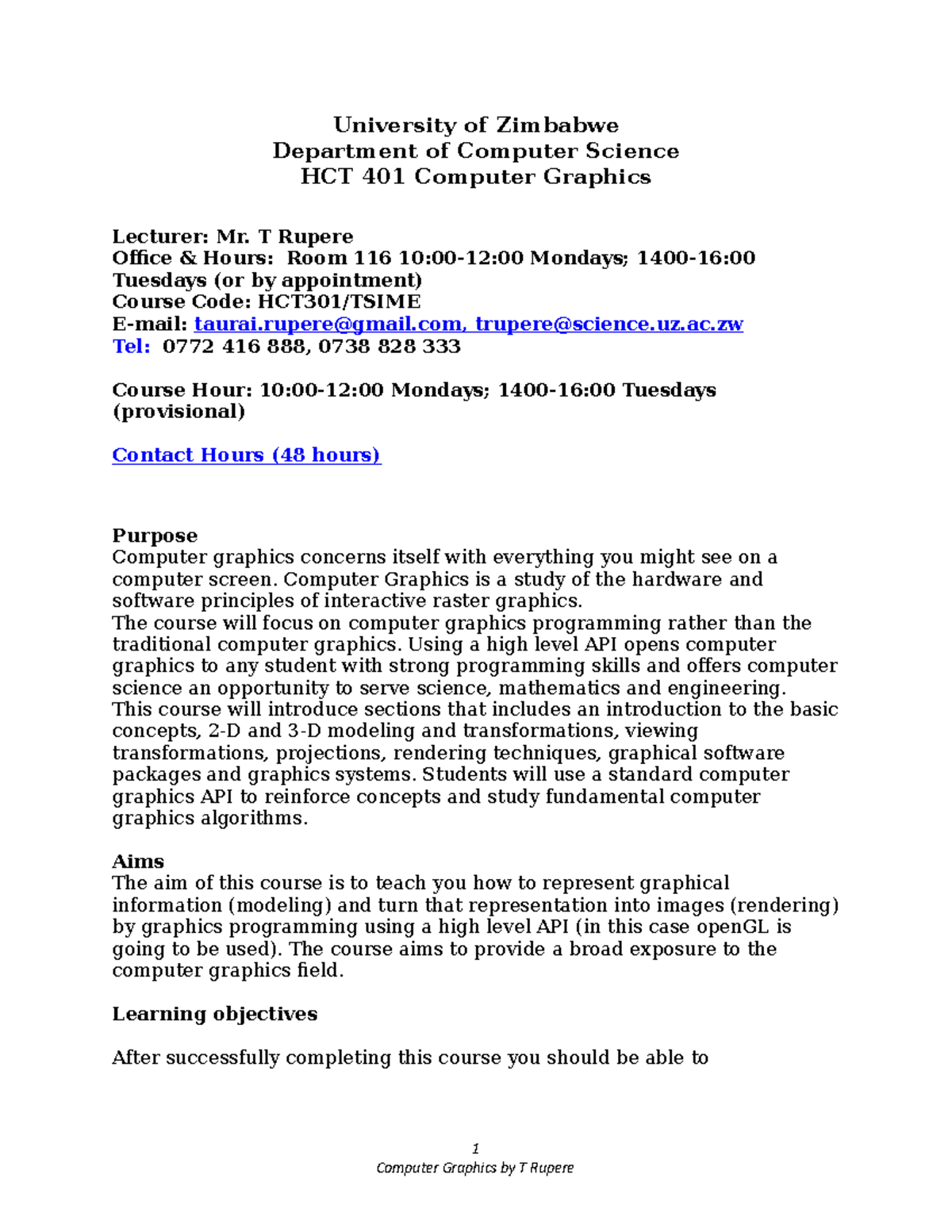 HCT 401 Computer Graphics Course Outline and Syllabus Overview - Studocu