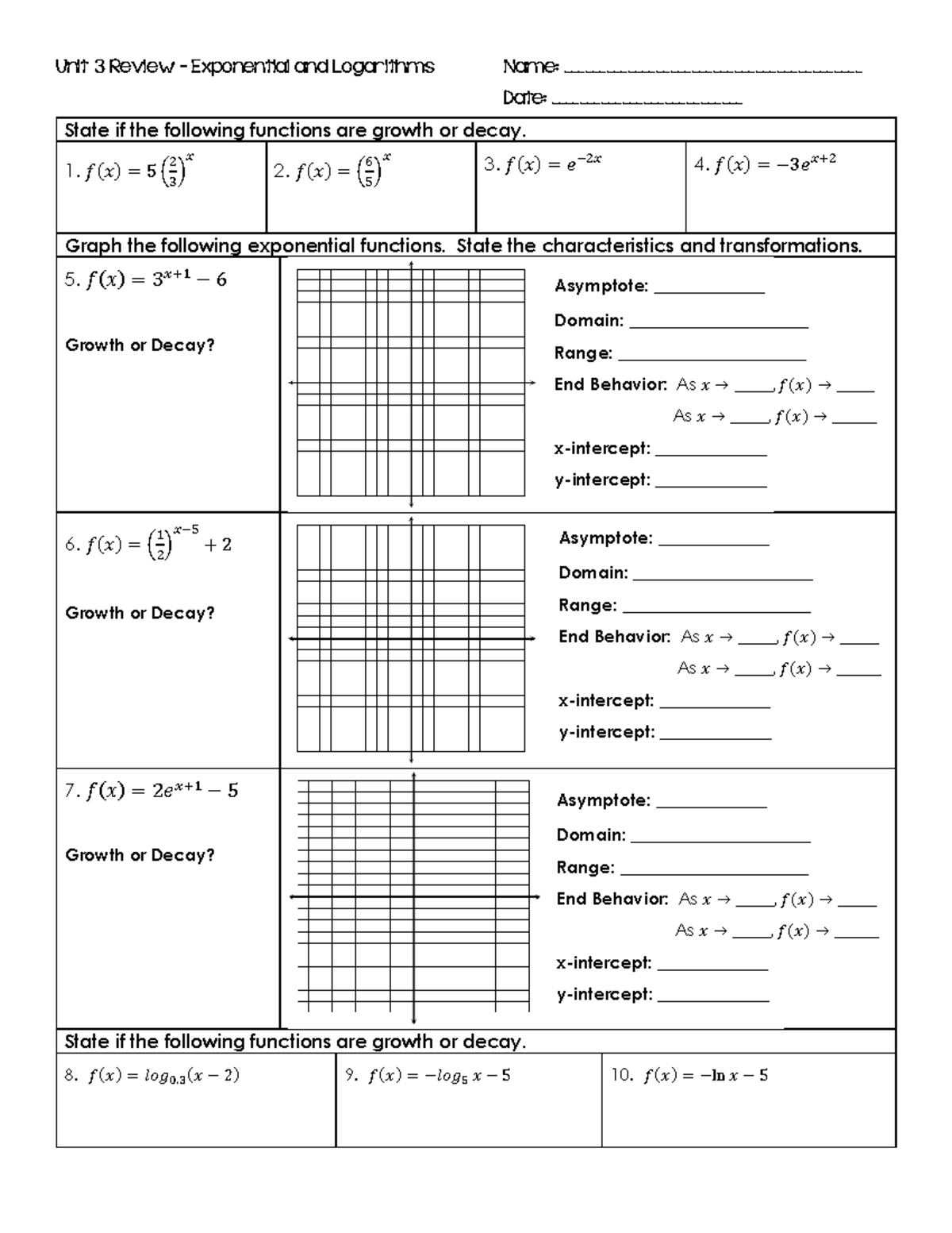 Unit 3 Review: Exponential Functions and Logarithms Exercises - Unit 3 ...