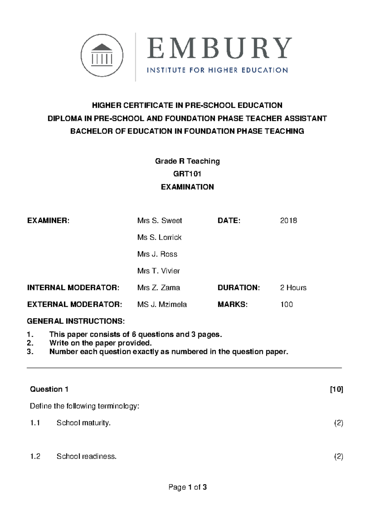 Grade R Teaching Exam (GRT101) - Sample Questions & Guidelines - Studocu
