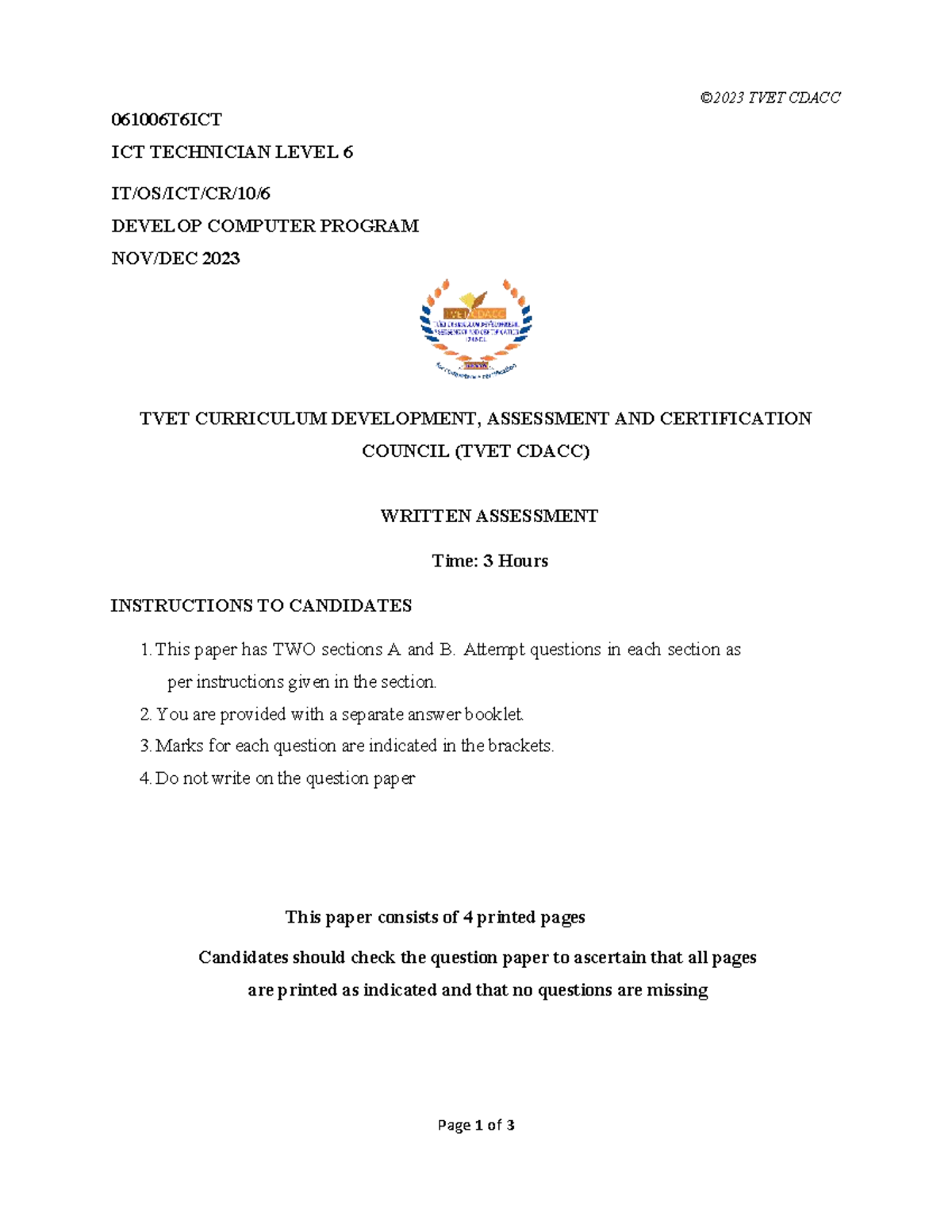 TVET CDACC 061006T6ICT Level 6 ICT Technician Exam: Develop Computer ...